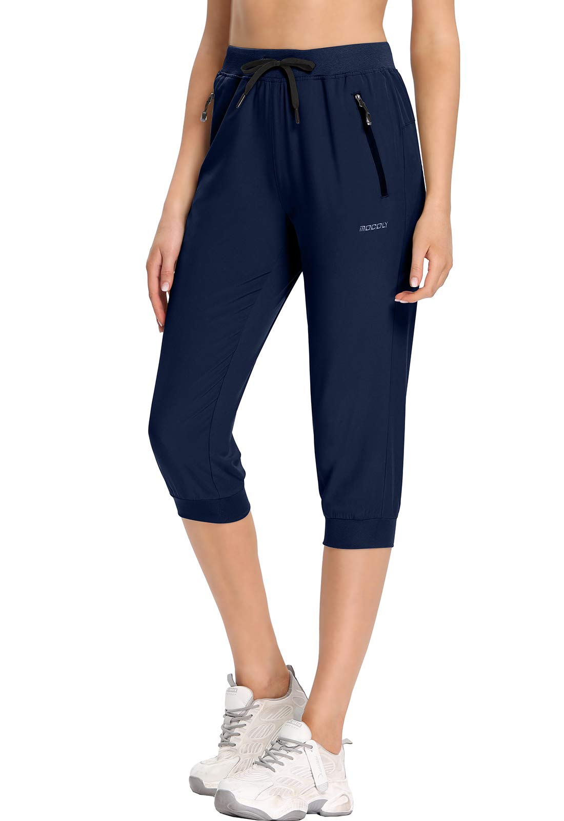 MOCOLY Women's Joggers Capris Cargo Pants 3/4 Hiking Capris Lightweight Running Sweatpants Water Resistant Casual Outdoor Navy Blue Large