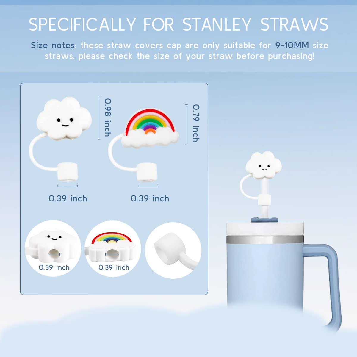 Straw Covers Cap for Stanley Cup, 4pcs 10MM Cloud&Rainbow Straw Cover, Silicone Straw Covers Cap Straw Topper for Stanley 30&40 Oz Tumbler with Handle,Straw Tip Covers Stanley Cup Accessories