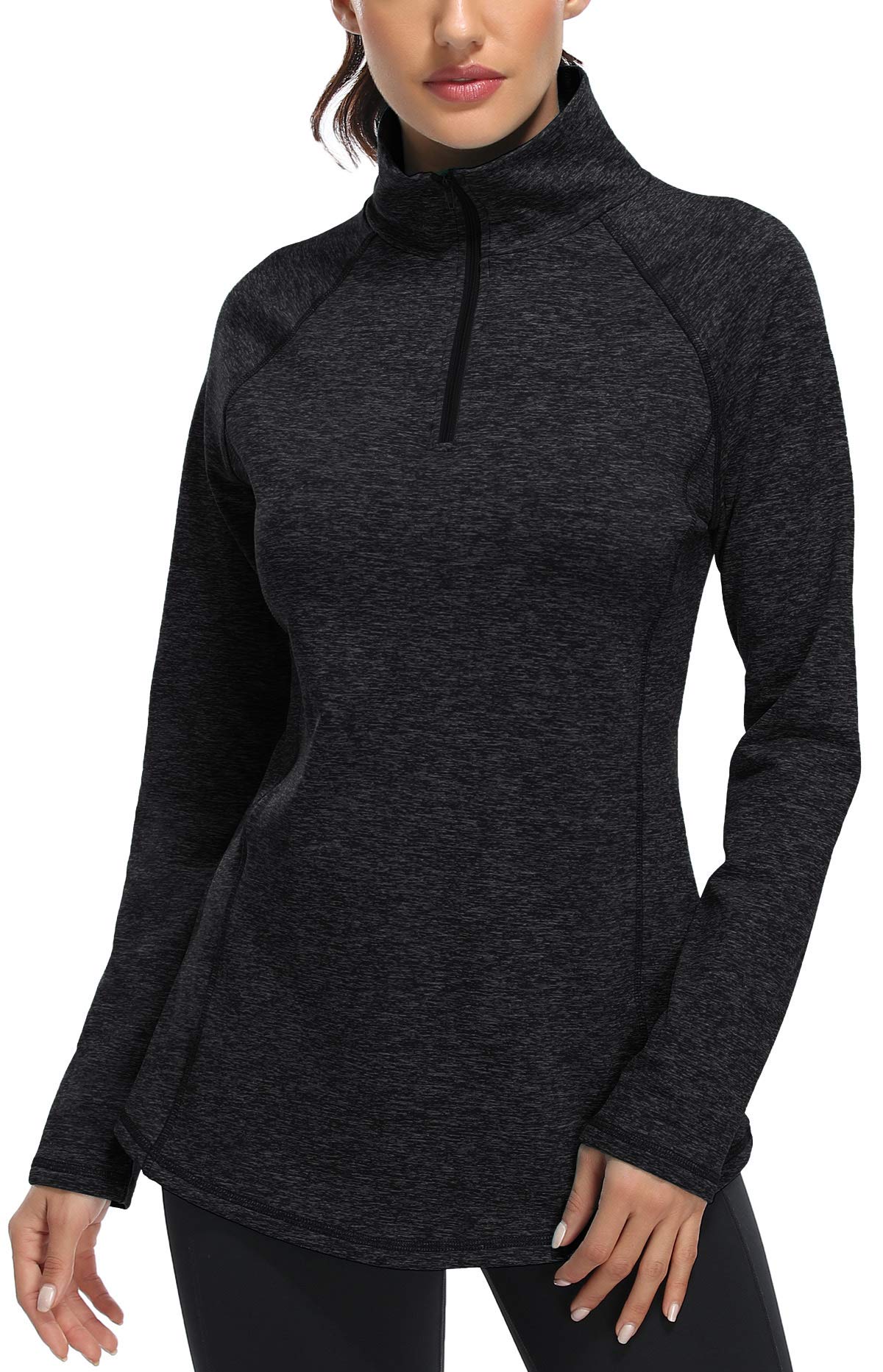 Miusey Long Sleeve Workout Tops for Women to Wear with Leggings,Ladies Hiking T-Shirt with Zipper Classy Plain Quick Drying Polo Pullover Stretch Athletic Pilates Cycling Tee Black2 M