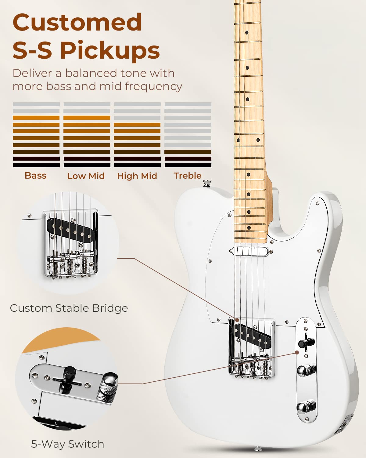 Vangoa Electric Guitar 39 Inch Full Size TELE Electric Guitar Solid Body Beginner Kit for Adult Teens with Bag, Strap, Cable, White