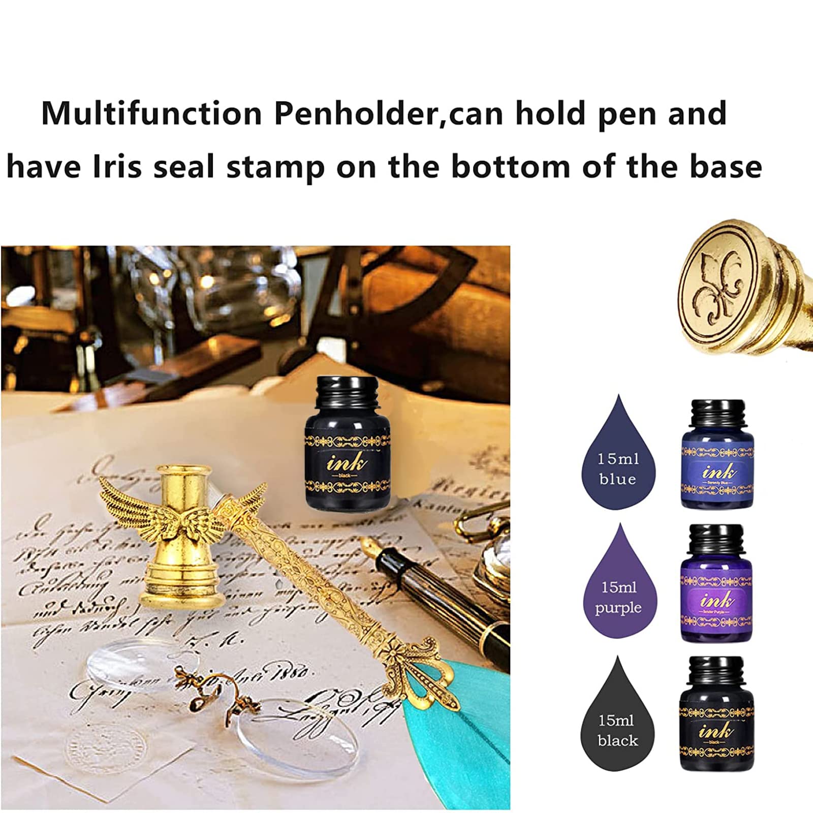 Ncesete Vintage Quill Pen and Ink Set, Includes Calligraphy Feather Dip Pen, Leather Notebook, 6 Replacement Nibs, Wax Beads, Seal Stamp Penholder, Spoon, Wax, Ink, Gift for Beginners Writing Drawing