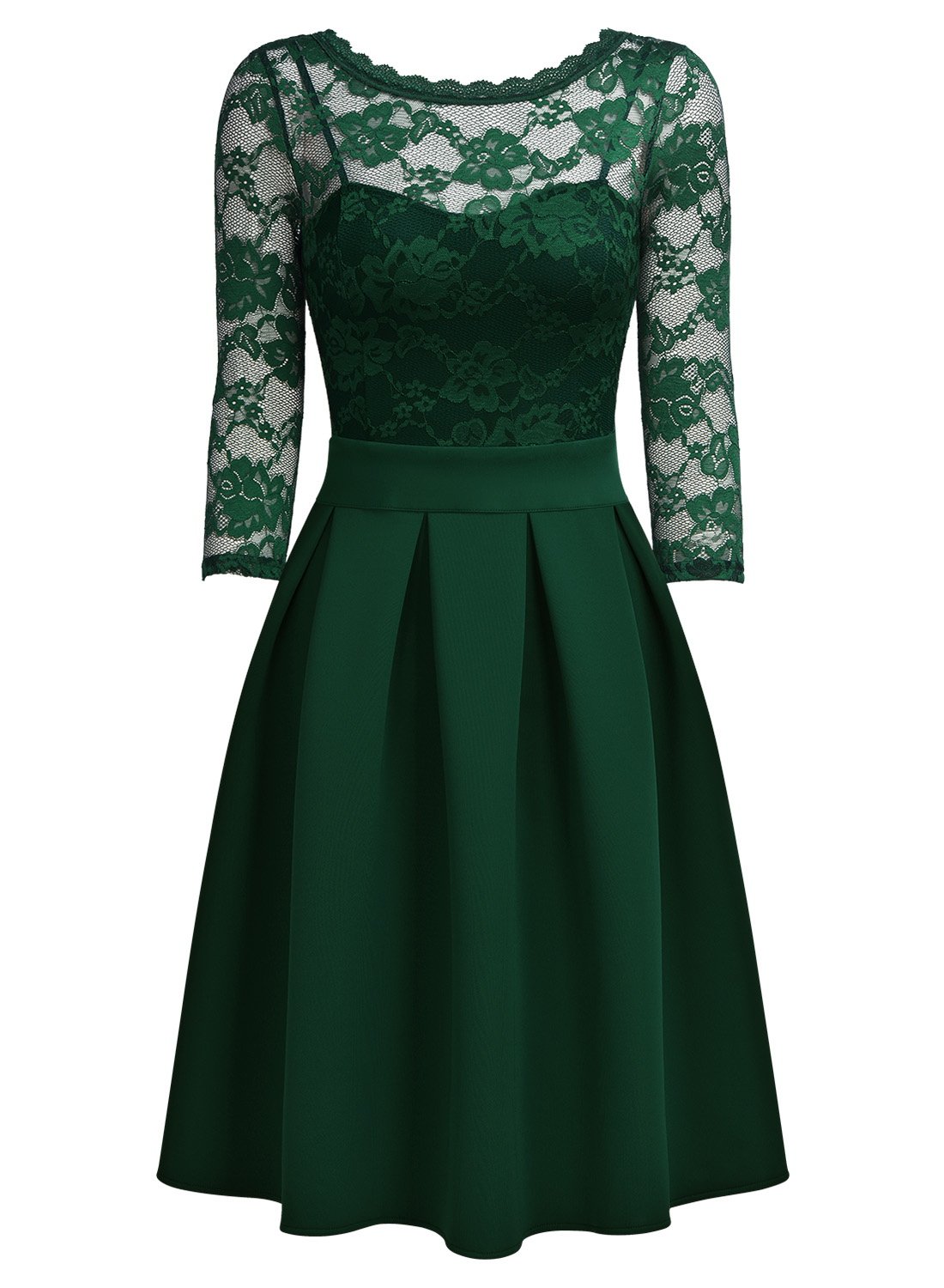 Miusol Women's Vintage Floral Lace 2/3 Sleeve Cocktail Party Swing Dress, Dark Green, Large