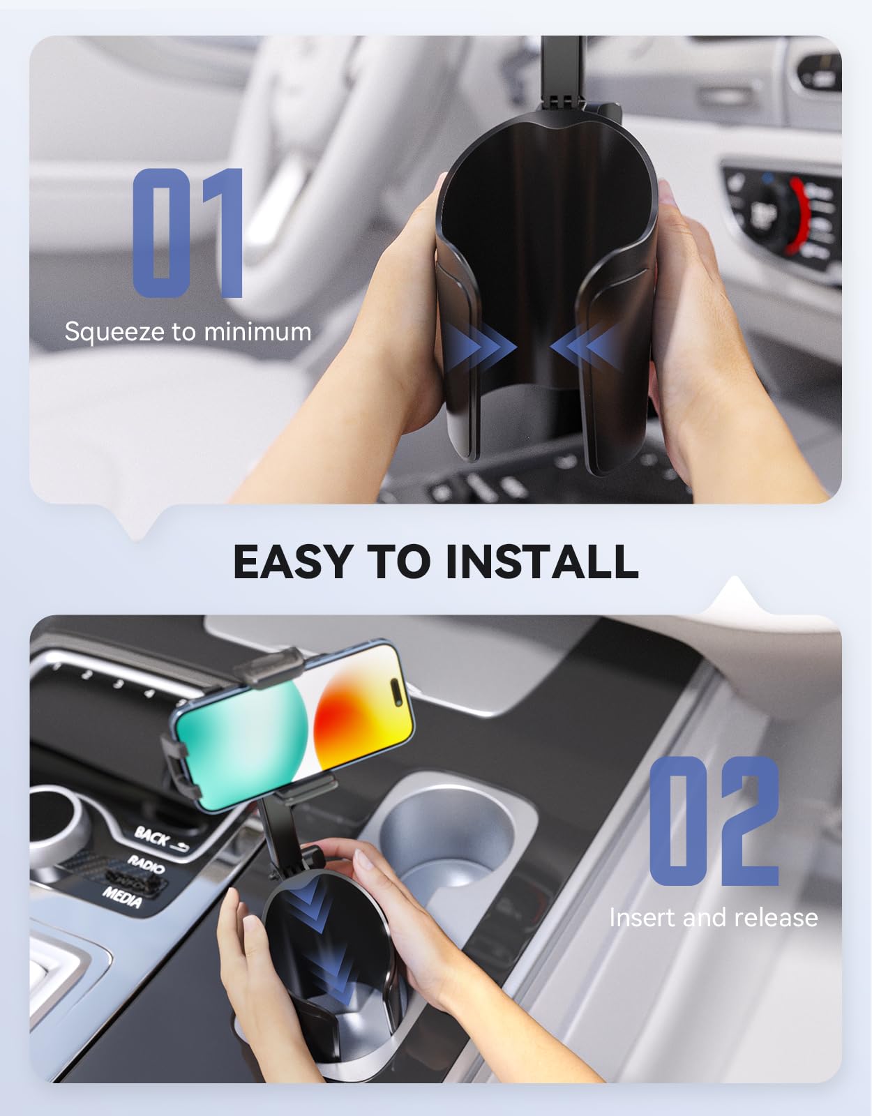 Miyamicro Cup Holder Phone Mount, Eco-Friendly Easy Install 2-in-1 Rotatable Car Phone Holders Cell Expander for 4-7" iPhone/Android/Truck,Perfectly Fit 3-4.3" Round & Rectangle Cup Holder (Black)
