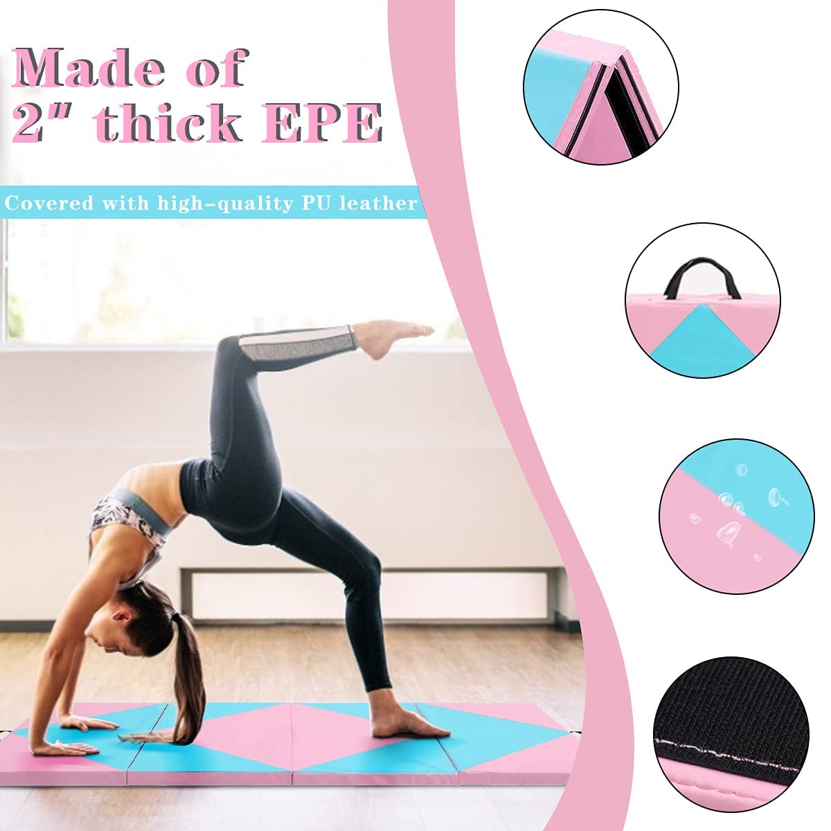 PanAme Folding Gymnastics Exercise Mats, 8βx4βx2β Thick Gymnastics Tumbling Mats, Lightweight Gymnastics Panel Mat with Carrying Handle for MMA, Yoga, Home Gym, Fitness(Pink&Blue)