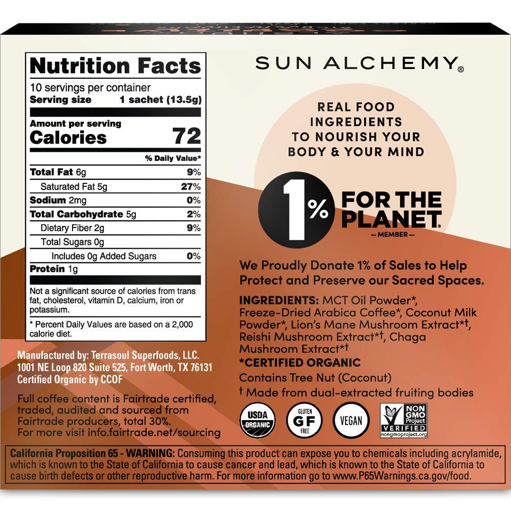 Sun Alchemy Cognitive Coffee with Organic MCT Oil, Fair-Trade Coffee, Lion’s Mane, Reishi & Chaga - 10 Sachets