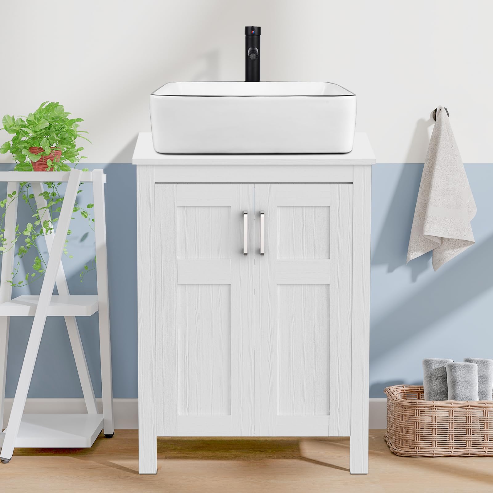 YOURLITE 24 Inch Bathroom Vanity and Sink Combo White Modern MDF Board Countertop Vessel Sink with Water Saving 1.5 GPM Faucet and Pop-up Darin Bathroom Cabinet