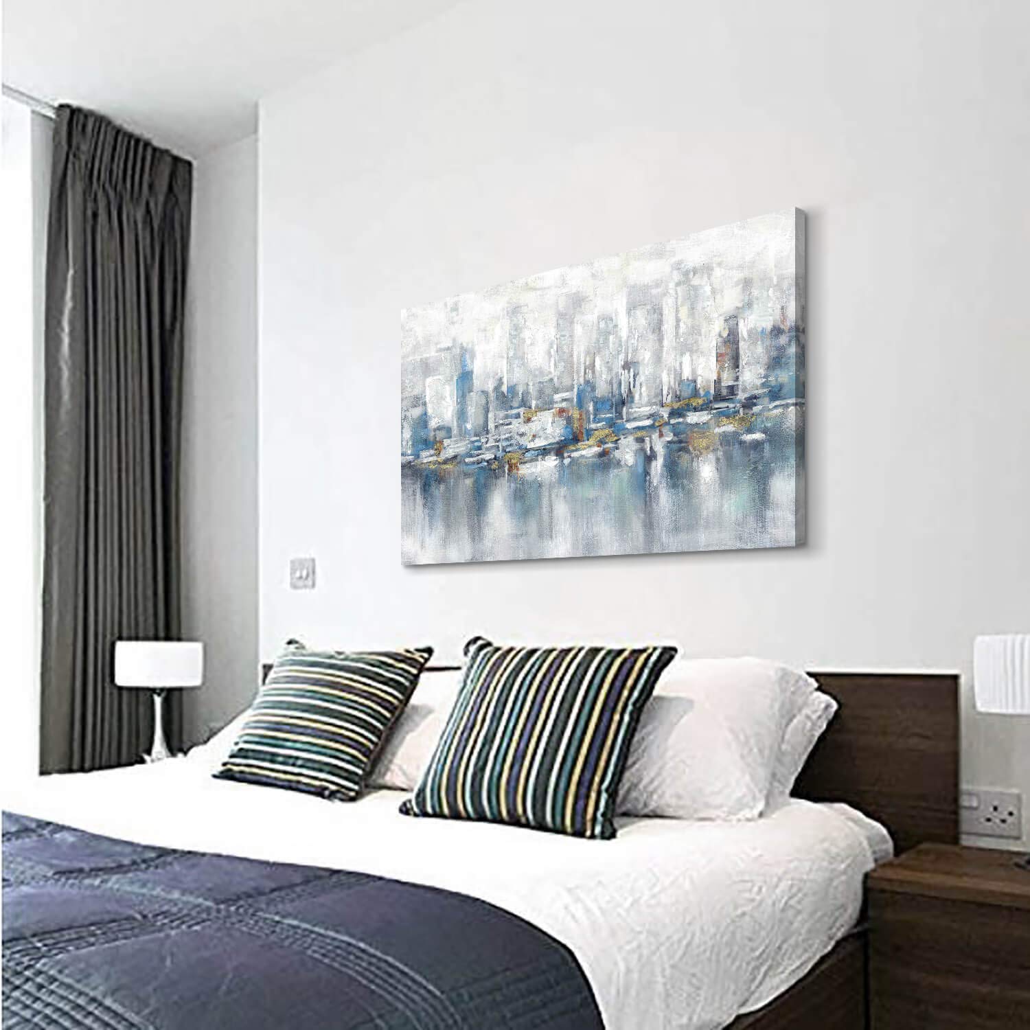 Modern Urban Abstract Painting Artwork: Contemporary Cityscape Hand Painting Abstract Canvas Wall Art for Living Room (45β x 30β x 1 Panel)