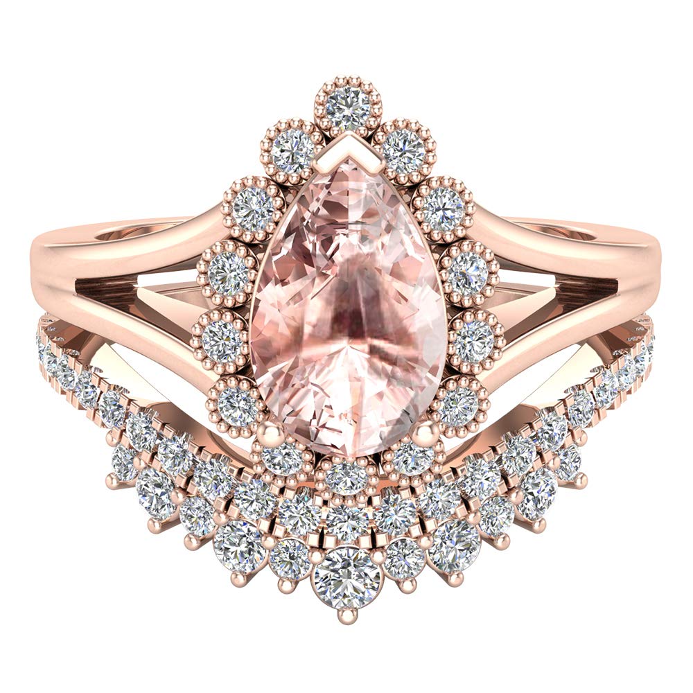 Morganite Engagement Ring - Wedding Ring Set for Women 14K Rose Gold 8 mm Pear Shape (RS 6)