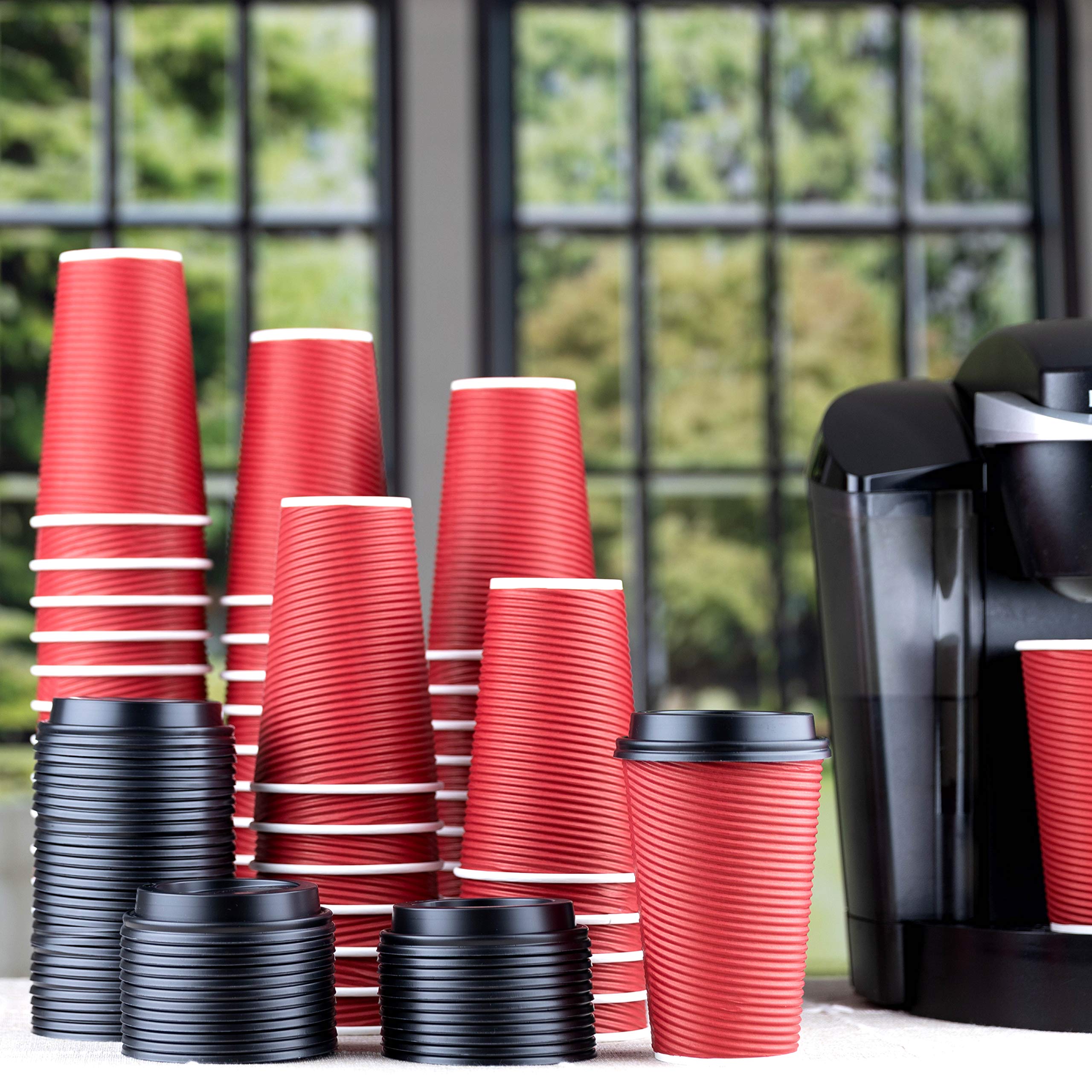 PLASTICPRO [50 Sets - 16 oz.] Insulated Rippled Double Wall Paper Hot Coffee Cups With Lids, Burgundy