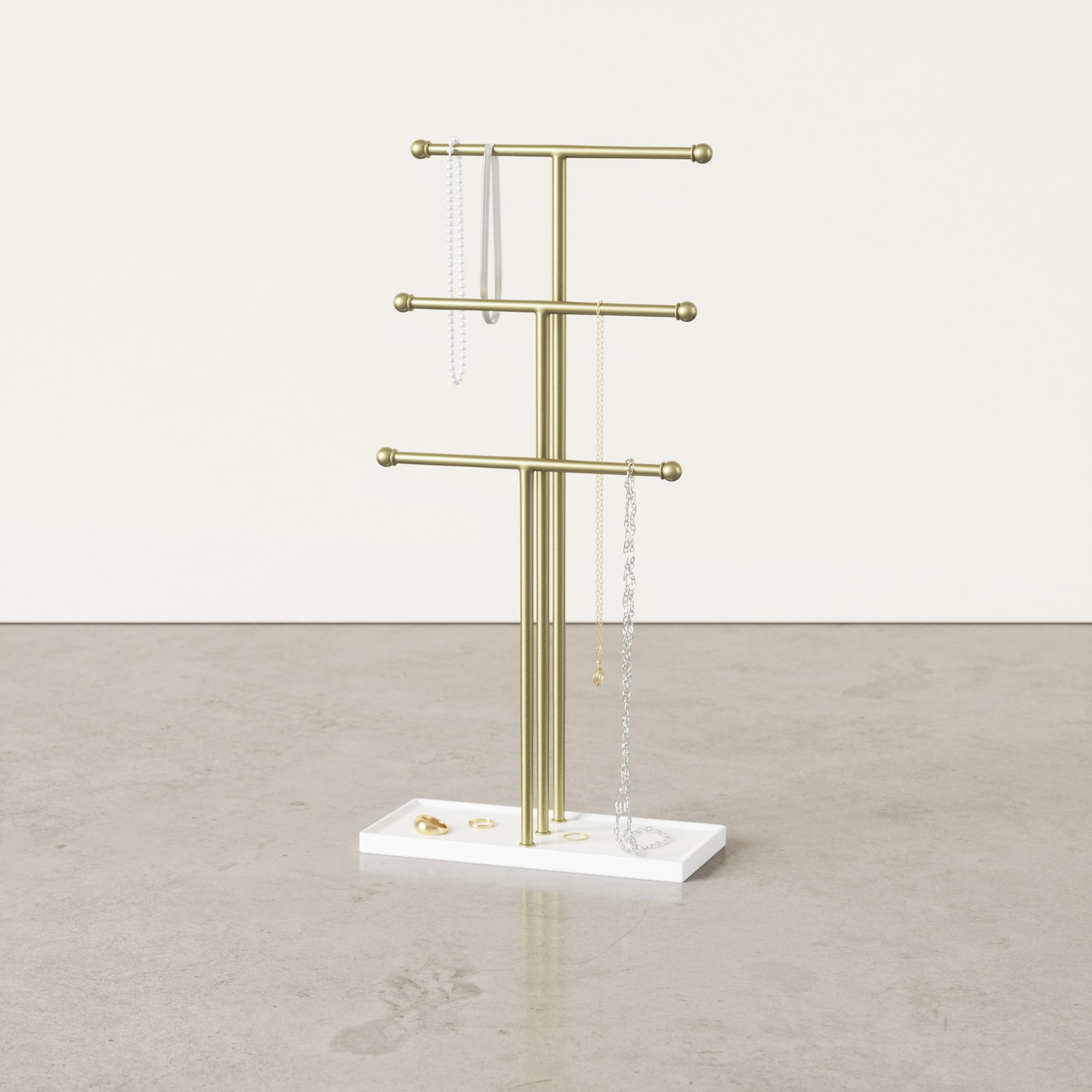 Umbra Trigem Hanging Jewelry Organizer Tiered Tabletop Free Standing Necklace Holder Display, White/Gold