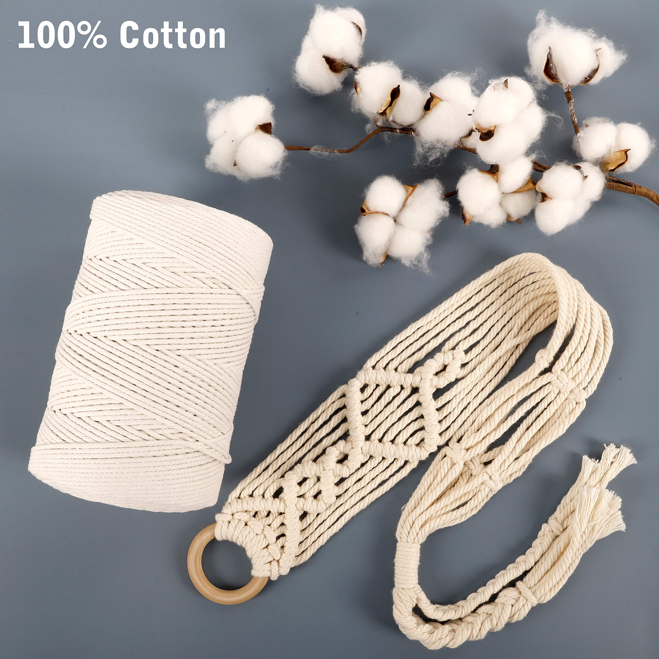 QUEFE Macrame Cord 3mm x 437 Yard, Natural 4 Strand Cotton Macrame Rope for Wall Hanging, Plant Hangers, Knitting, Decorative Projects