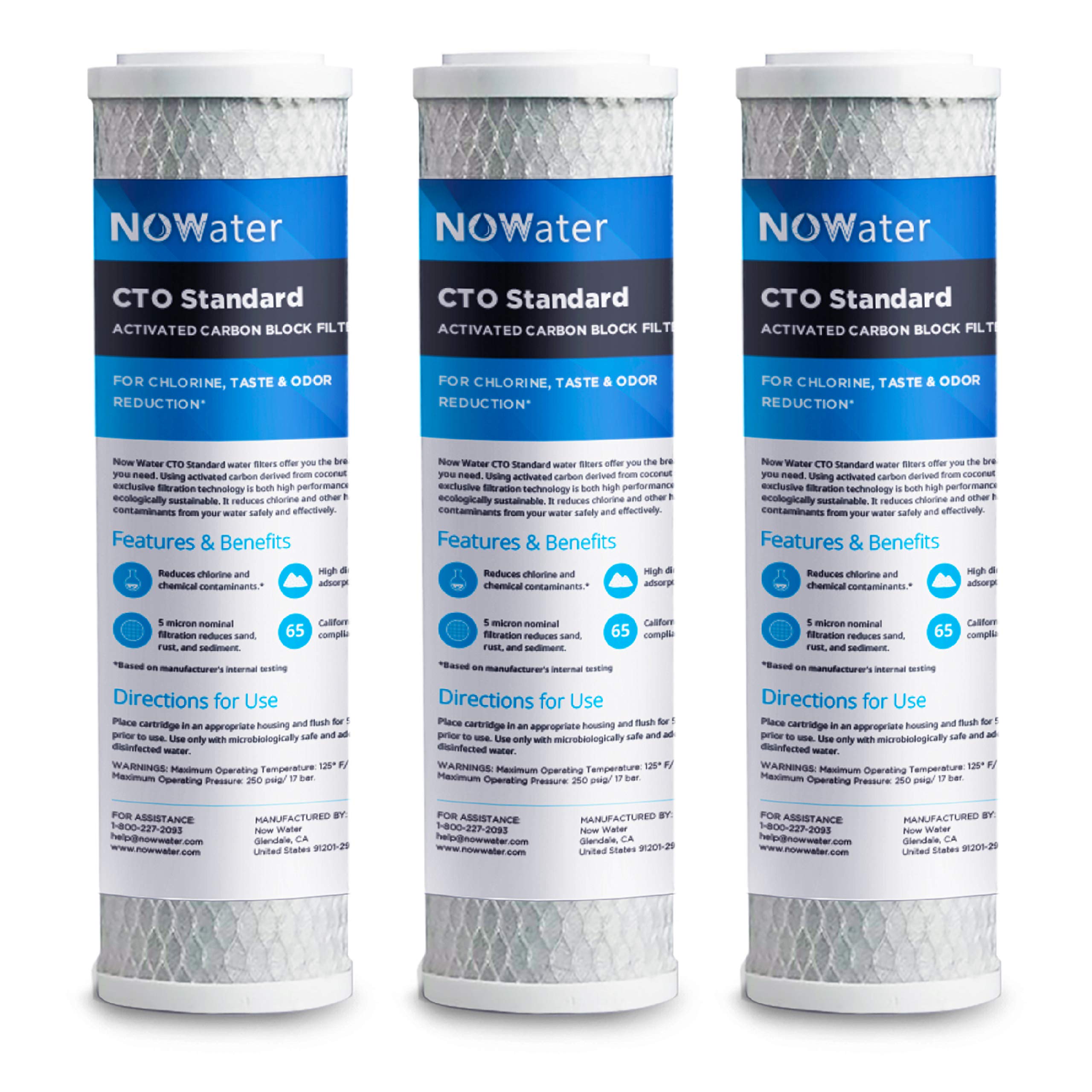 Now Water CTO Standard Carbon Block Filter - 3 Pack 5 Micron Universal 10 inch Housing Activated Charcoal Replacement Under Sink & Whole House Water Filter Cartridge - Reduces Chlorine