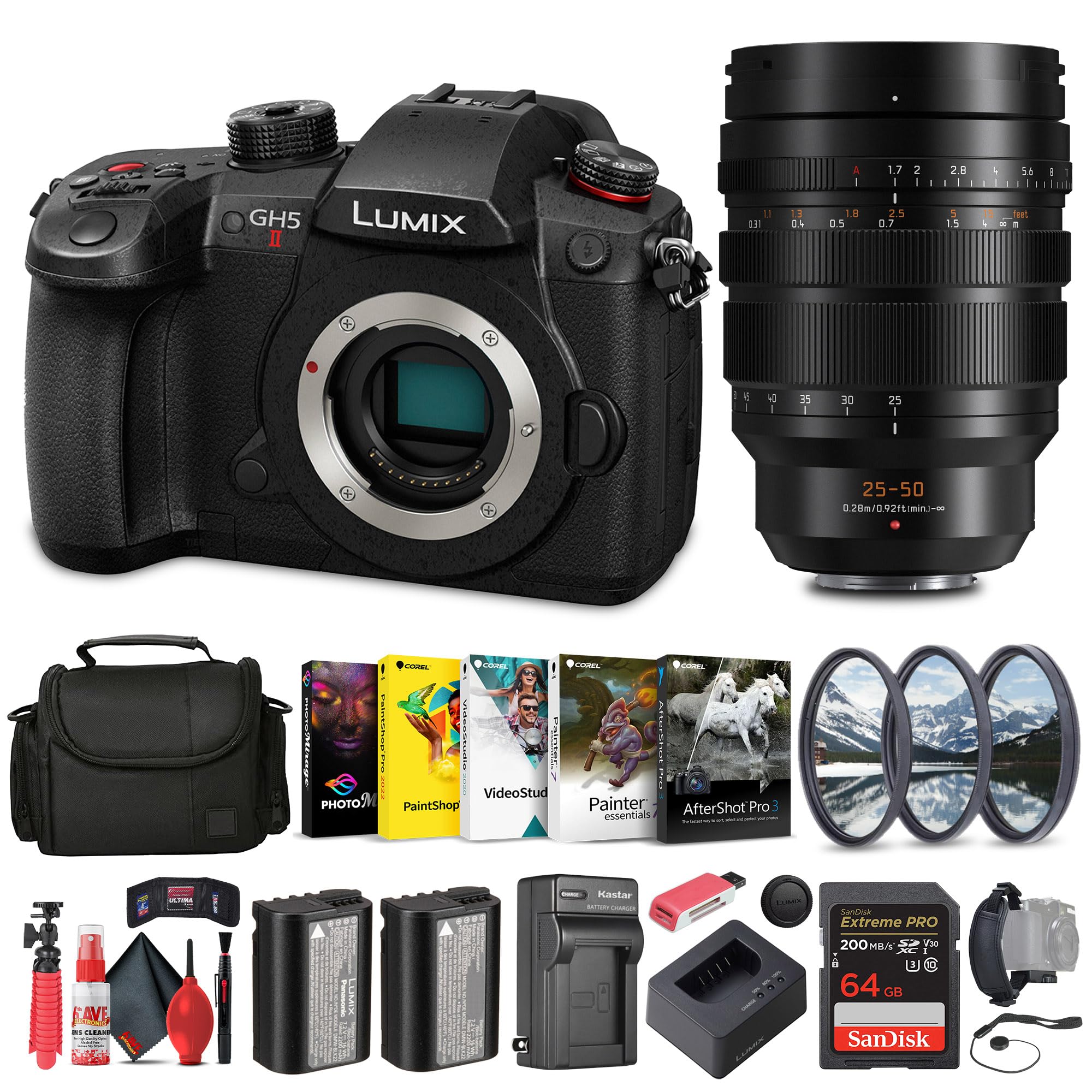 Panasonic Lumix GH5 II Mirrorless Camera (DC-GH5M2BODY) + Panasonic 25-50mm f/1.7 Lens + Filter Kit + Corel Photo Software + Bag + 64GB Card + Charger + Card Reader + DMW-BLF19 Battery + More