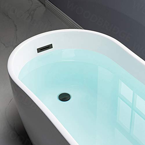 WOODBRIDGE 59" Acrylic Freestanding Bathtub Contemporary Soaking White Tub with Matte Black Overflow and Drain,B1530 -MB-Drain &O