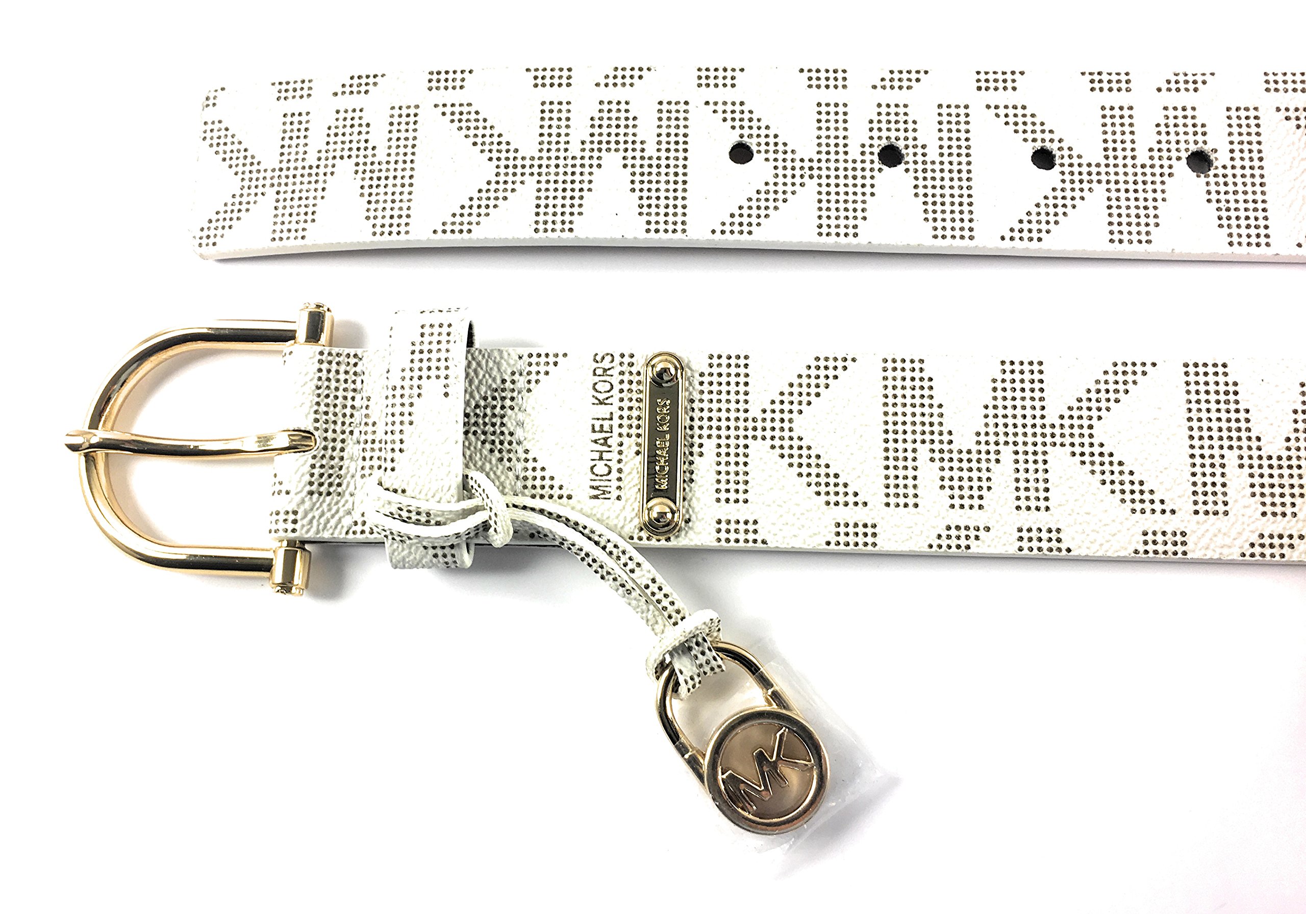 Michael Kors MK Logo Gold Charm Hamilton Belt, Vanilla, Medium