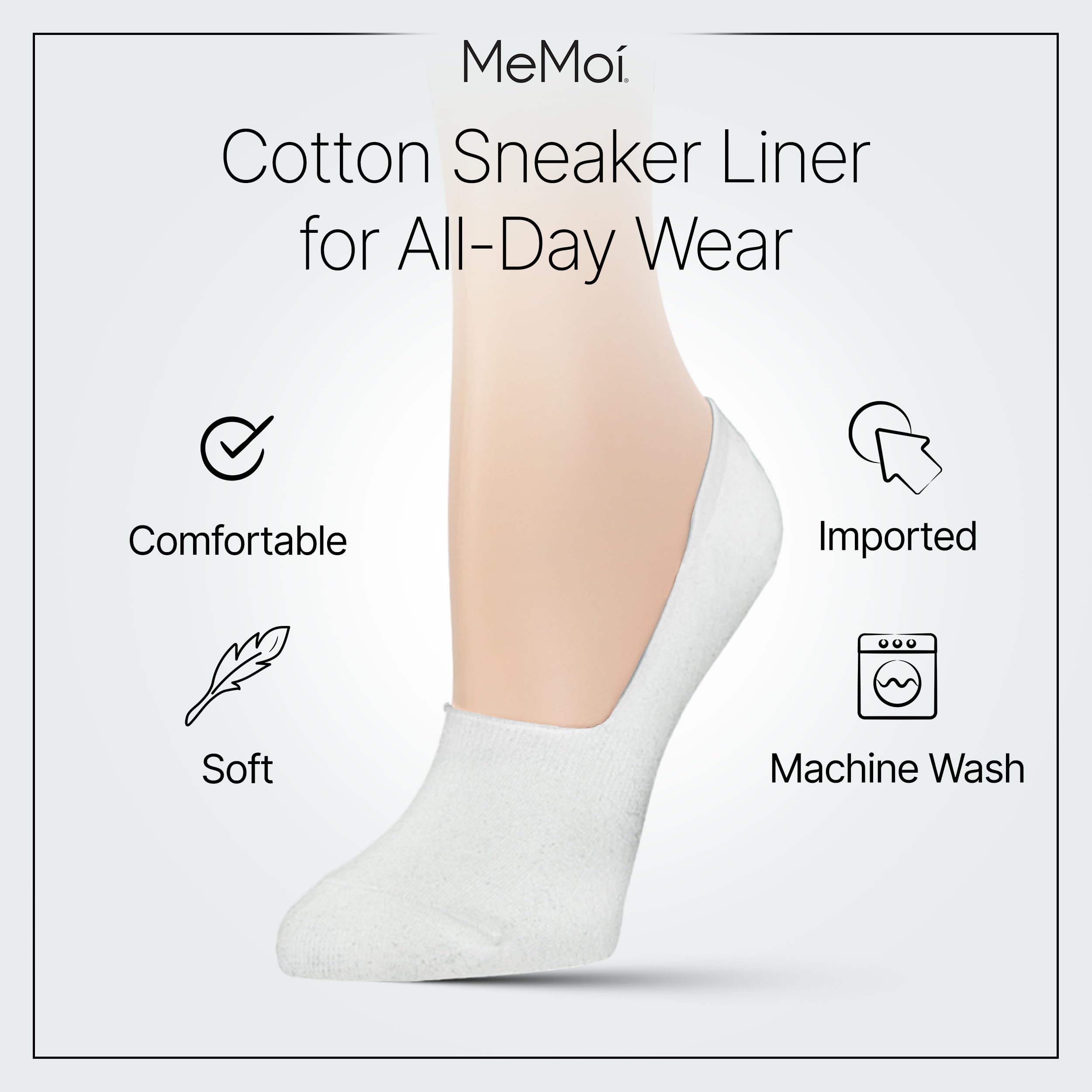 MeMoi Womens No Show Socks 7-Pair Pack - Cotton Blend, High Cut Coverage Sneaker Socks for Women, Womens Non Slip Heel Grip, White, One Size
