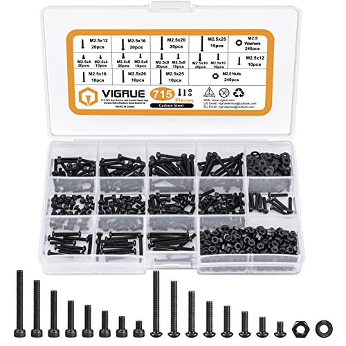 VIGRUE 715PCS M2.5 x 4/6/8/10/12/16/20/25mm Hex Button and Socket Head Cap Screws Nuts Washers Assortment Kit with Storage Box, 12.9 Grade Alloy Steel Black