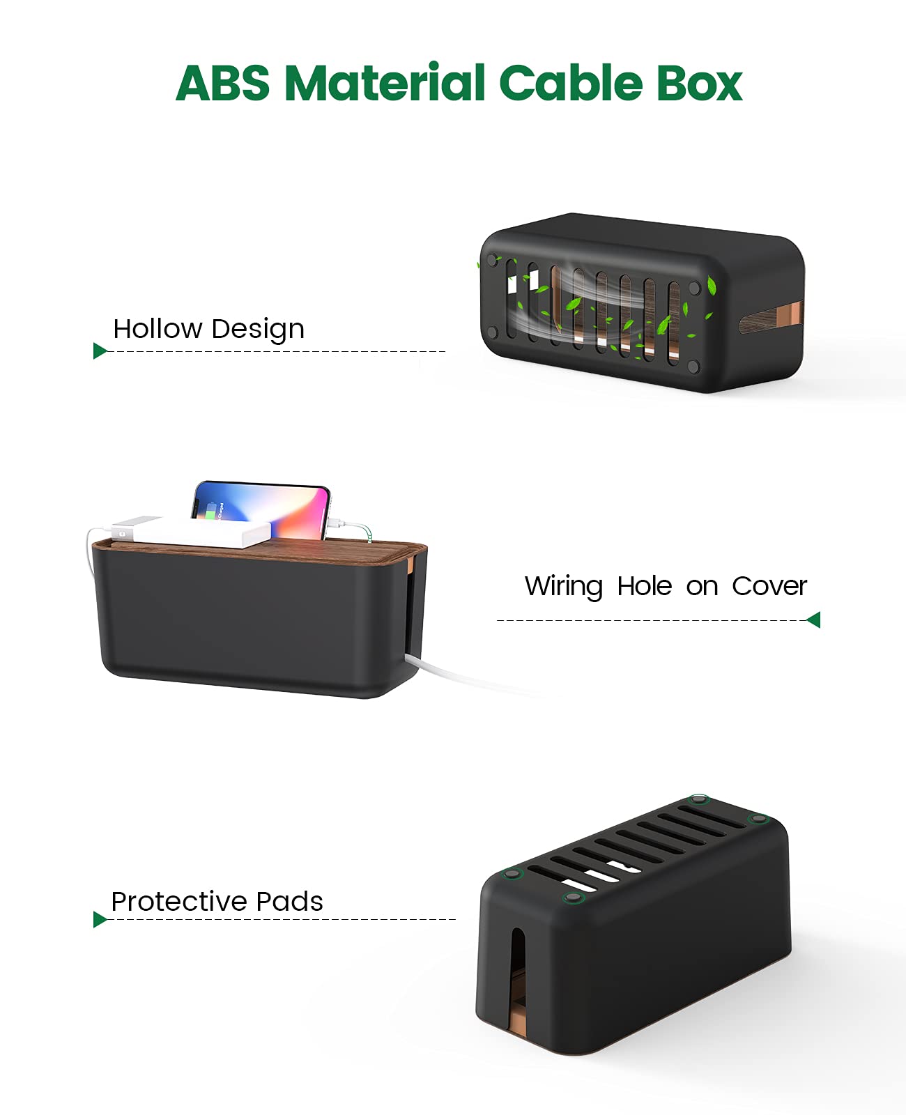 ORICO Cable Management Box with Phone Holder, 12.2 X 5.4 X 5.1 Inches Wooden Print(ABS Material) Cable Hiding Box Medium Wires Hider for Small Power Strips, Surge Protectors, Chargers, Adapters -Black