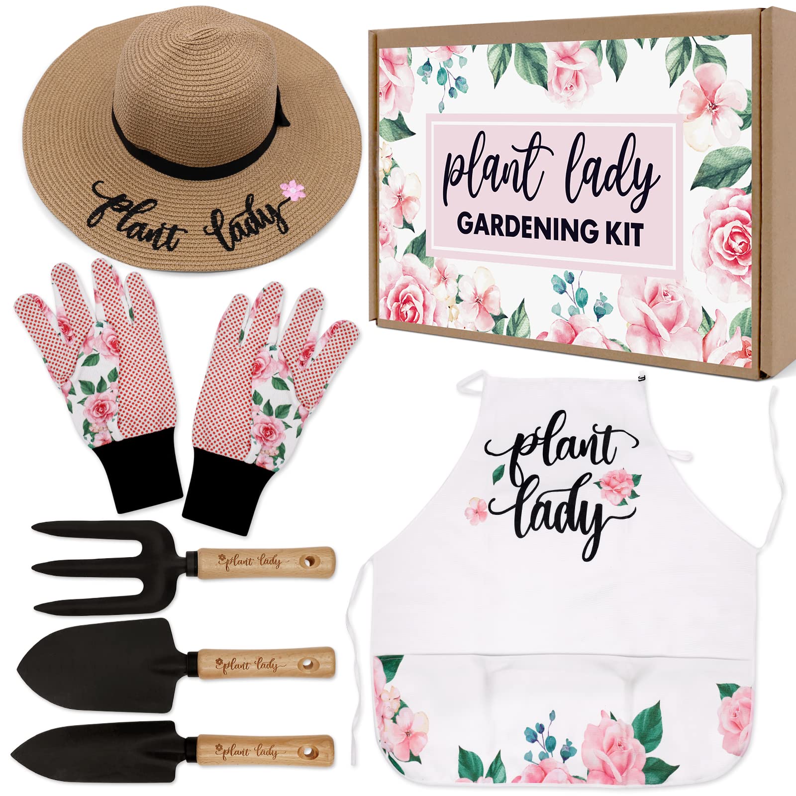 Percozzi Plant Lady Gardening Gifts for Women Gardening Tools Kit with Planting Tools Straw Hat Floral Apron Glove for Her Spring Outdoor Grandmother Horticulture Starter Set of 6