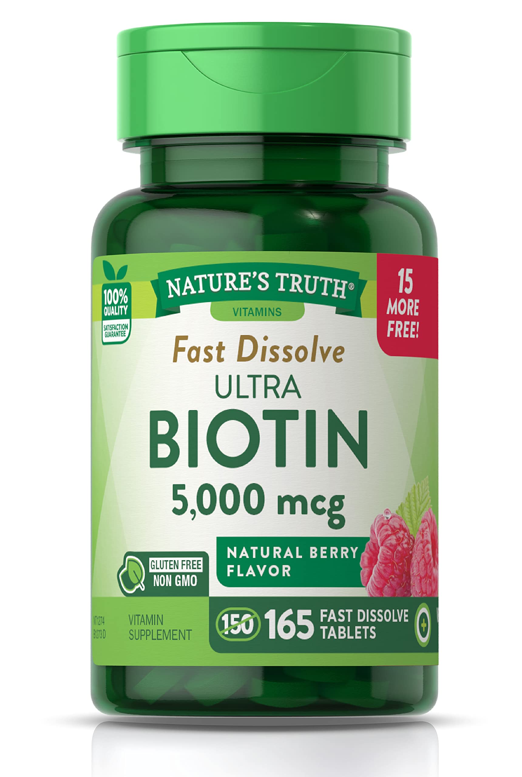 Nature's Truth Ultra Biotin 5000mcg | 165 Fast Dissolve Tablets | Hair Skin and Nails Supplement | Natural Berry Flavor | Vegetarian, Non-GMO, Gluten Free