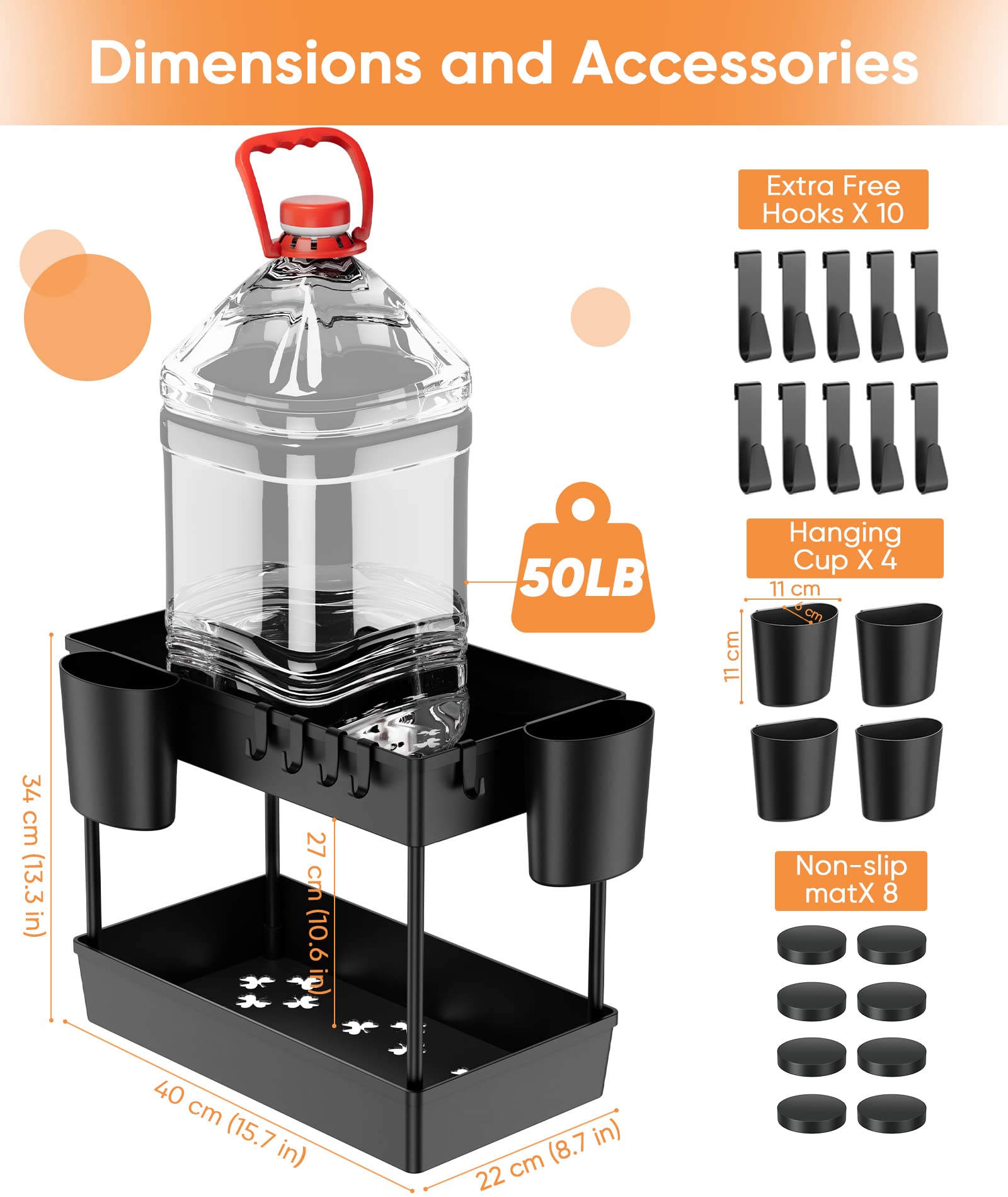 PTOJ Under Sink Organizer, 2 tier Kitchen Under Cabinet Countertop Organizers Storage Rack Basket with 10 Hooks and 4 Hanging Cup for Bathroom,Multi-Purpose Storage Shelf for Kitchen (2)