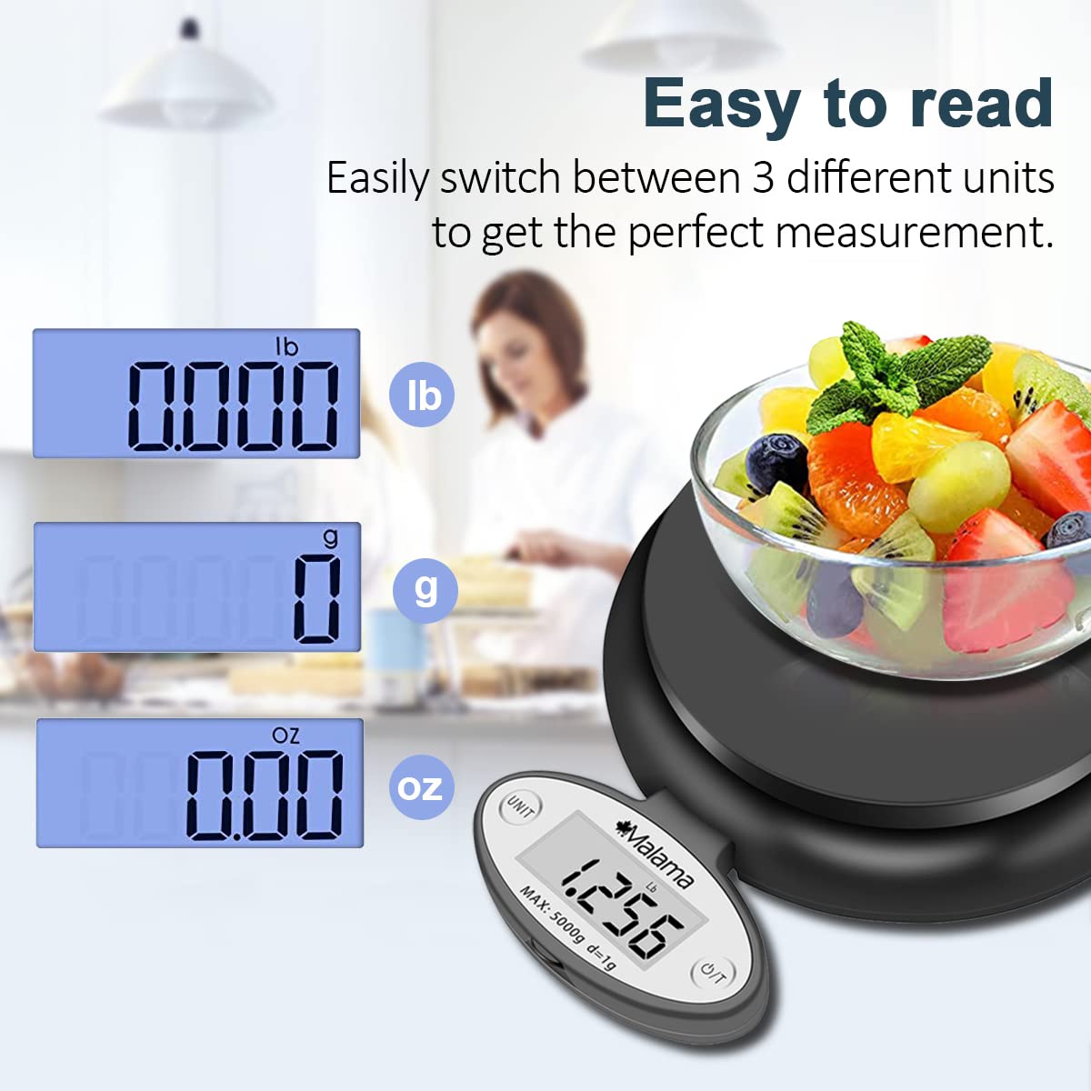 Malama Kitchen Scale Foldable, Small Food Scale for Cooking, Multifunctional Office Accurate Weighing Scale with 0.1oz/1g Increment, 11lb/5kg Capacity, Black (Batteries Included)