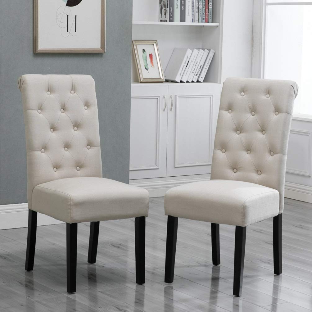 nozama Upholstered Dining Chairs Set of 2 Tufted Fabric Parsons Chair with Solid Wood Legs (Beige)
