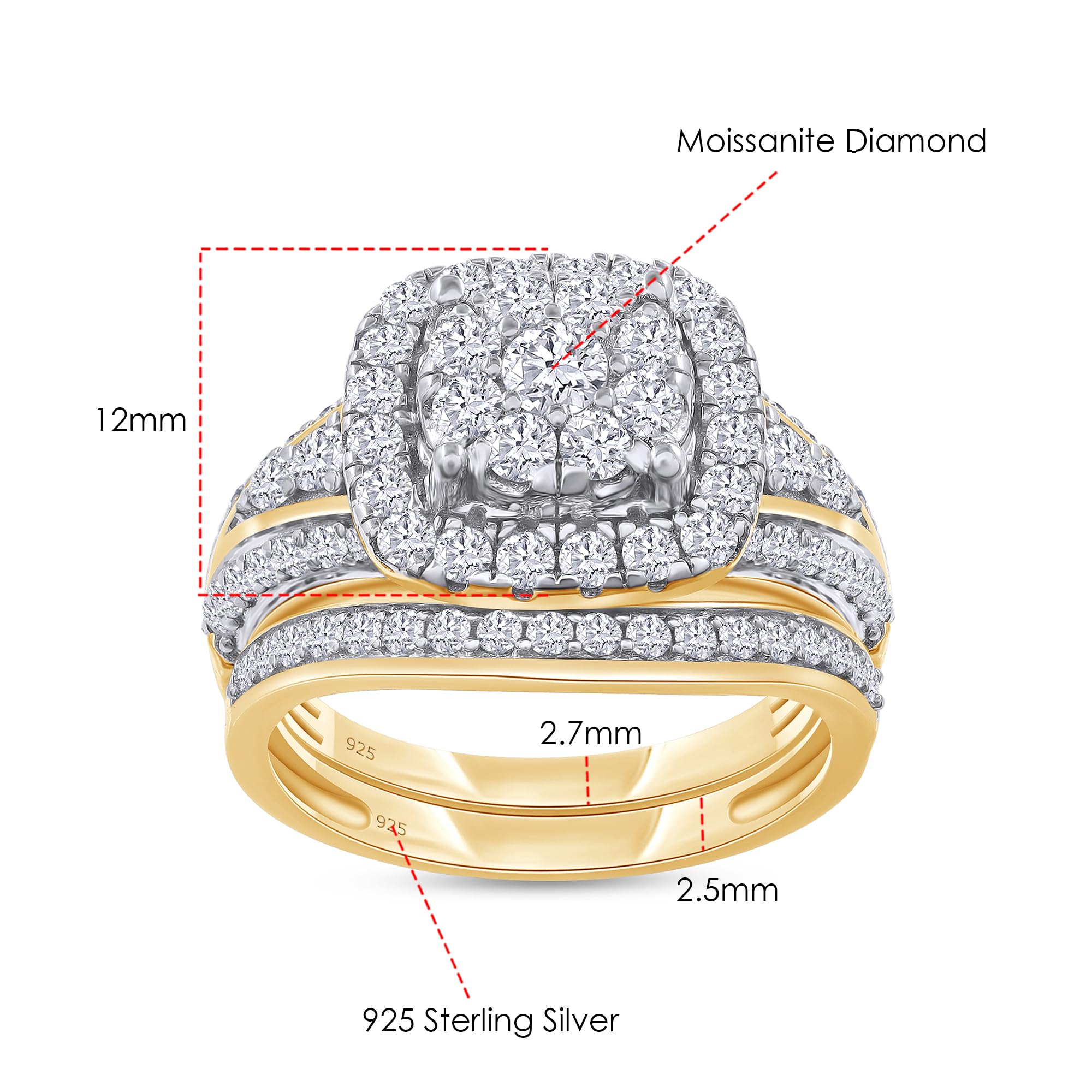 SAVEARTH DIAMONDS 1 1/4 CTTW Round Lab Created Moissanite Diamond Double Halo Bridal Set Wedding Ring In 14k Yellow Gold Over Sterling Silver (1.25 Cttw) Size-6.5