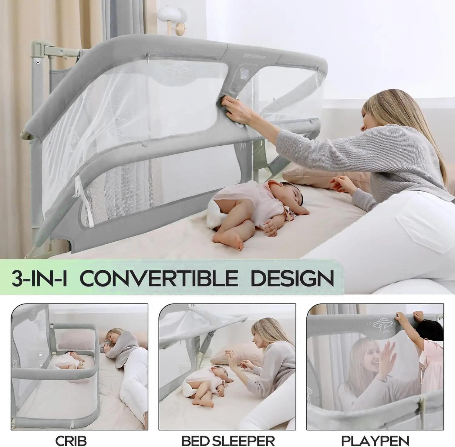 PANBAYI Bedside Crib - 3 in 1 Baby Bassinet, Portable Crib and Bed Rail for Co-Sleeping Babies. Bed Side Lifting Fence with Adjustable Height,Easy to Assemble,Bed Rail for Toddlers