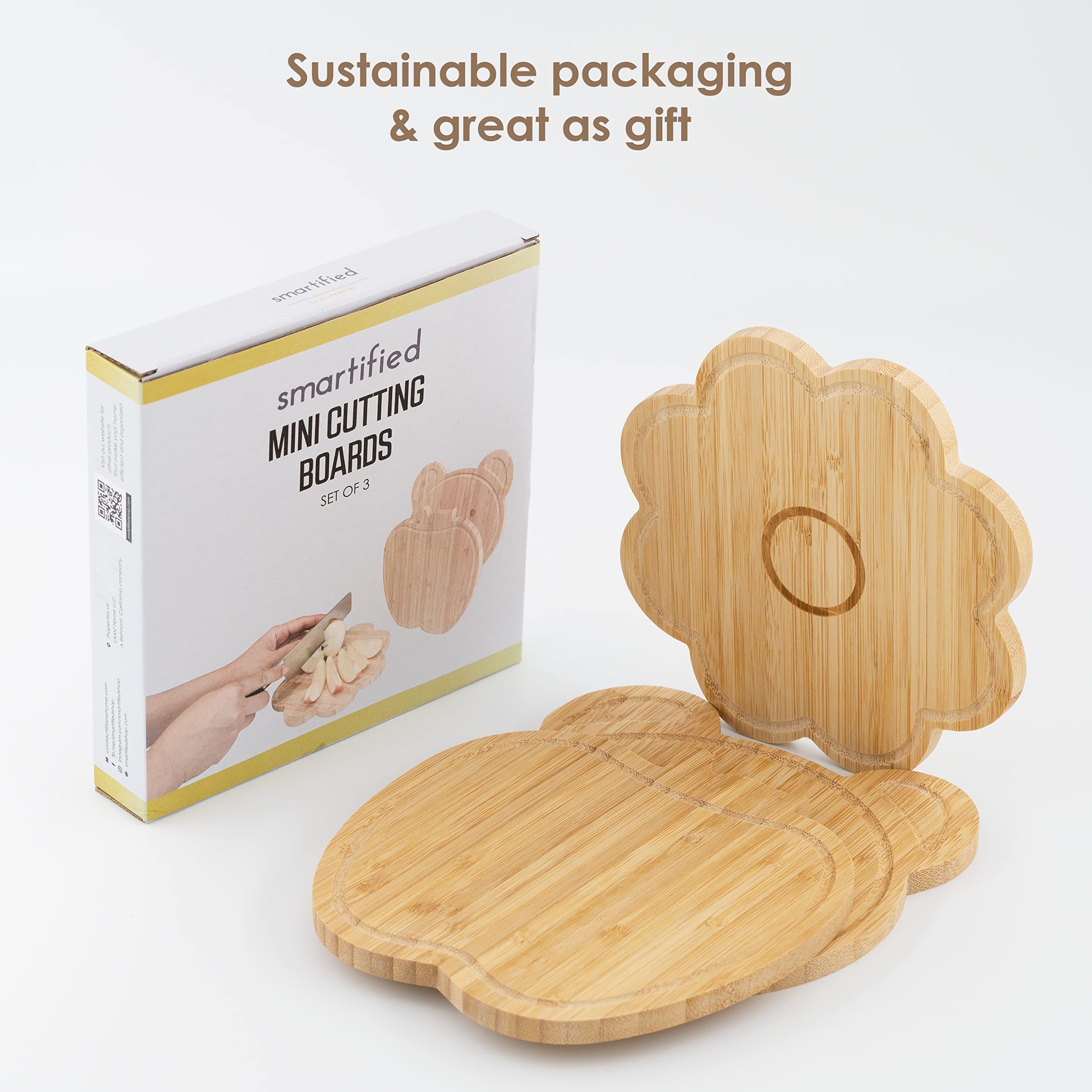 smartified Small Cutting Boards, Sustainable Bamboo Wood, Multipurpose as Kids’ Plates and Kitchen Decor, 3 pcs, Apple-Bear-Flower Designs, 7.5’’x7.5’’x0.4’’