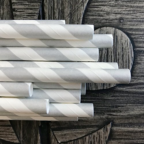 Striped Paper Straws - Silver White - Christmas Holiday Wedding Anniversary Party Supply - 7.75 Inches - 100 Pack - Outside the Box Papers Brand