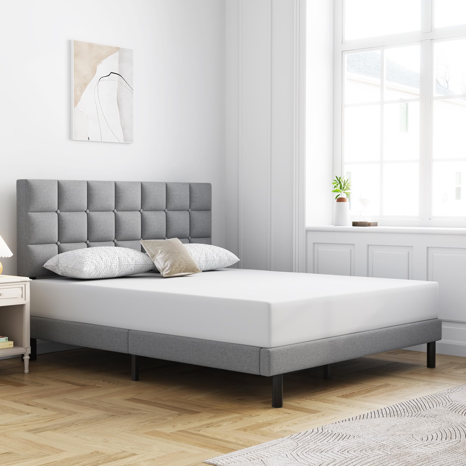 Molblly Full Bed Frame Upholstered Platform with Headboard and Strong Wooden Slats, Non-Slip and Noiseless,No Box Spring Needed, Easy Assembly,Light Gray