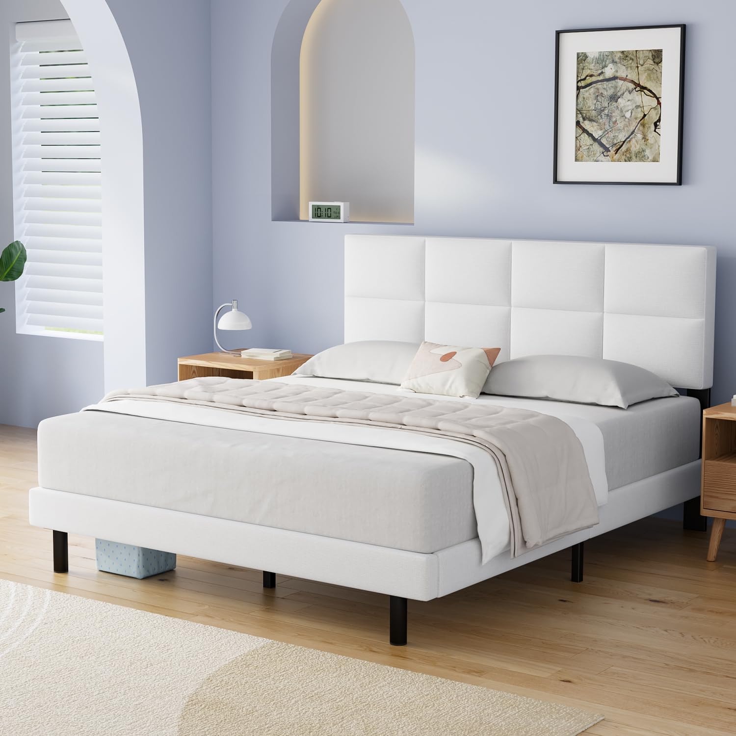 Molblly Queen Size Bed Frame with Upholstered Headboard, Strong Frame, and Wooden Slats Support, Non-Slip and Noise-Free, No Box Spring Needed, Easy Assembly, Off White
