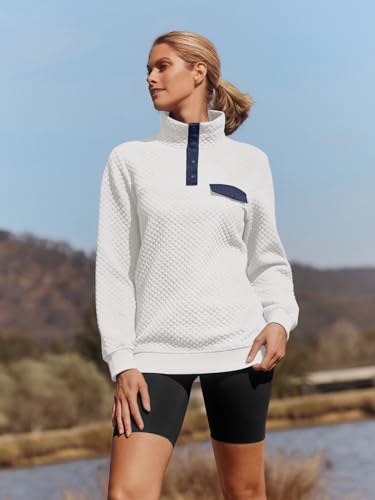 MEROKEETY Women's 2023 Fall Long Sleeve V Neck Button Quilted Patchwork Pullover Sweatshirt Tops, NewWhite, M