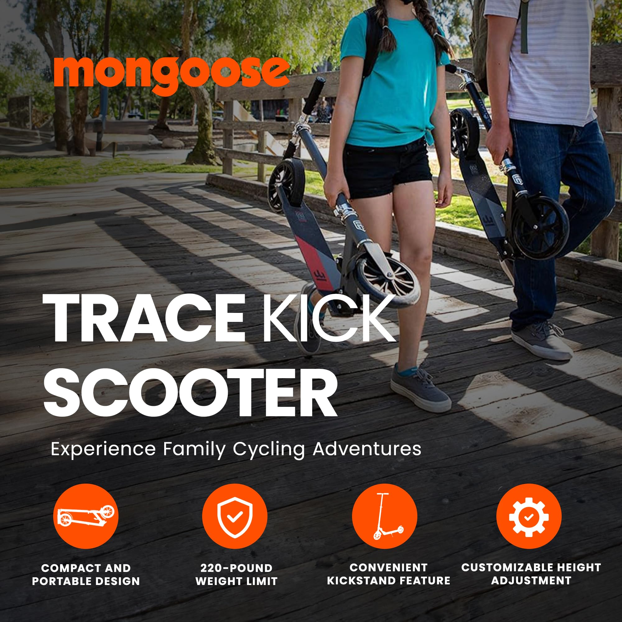 Mongoose Trace Youth/Adult Kick Scooter Folding and Non-Folding Design, Regular, Lighted, and Air Filled Wheels, Multiple Colors, Grey/Red , 180mm Wheels