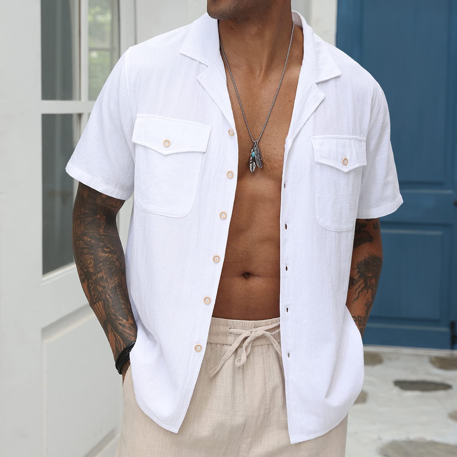 Men's Cuban Guayabera Linen Shirts Casual Short Sleeve Button Down Shirts Summer Beach Top with Pocket WHITE M