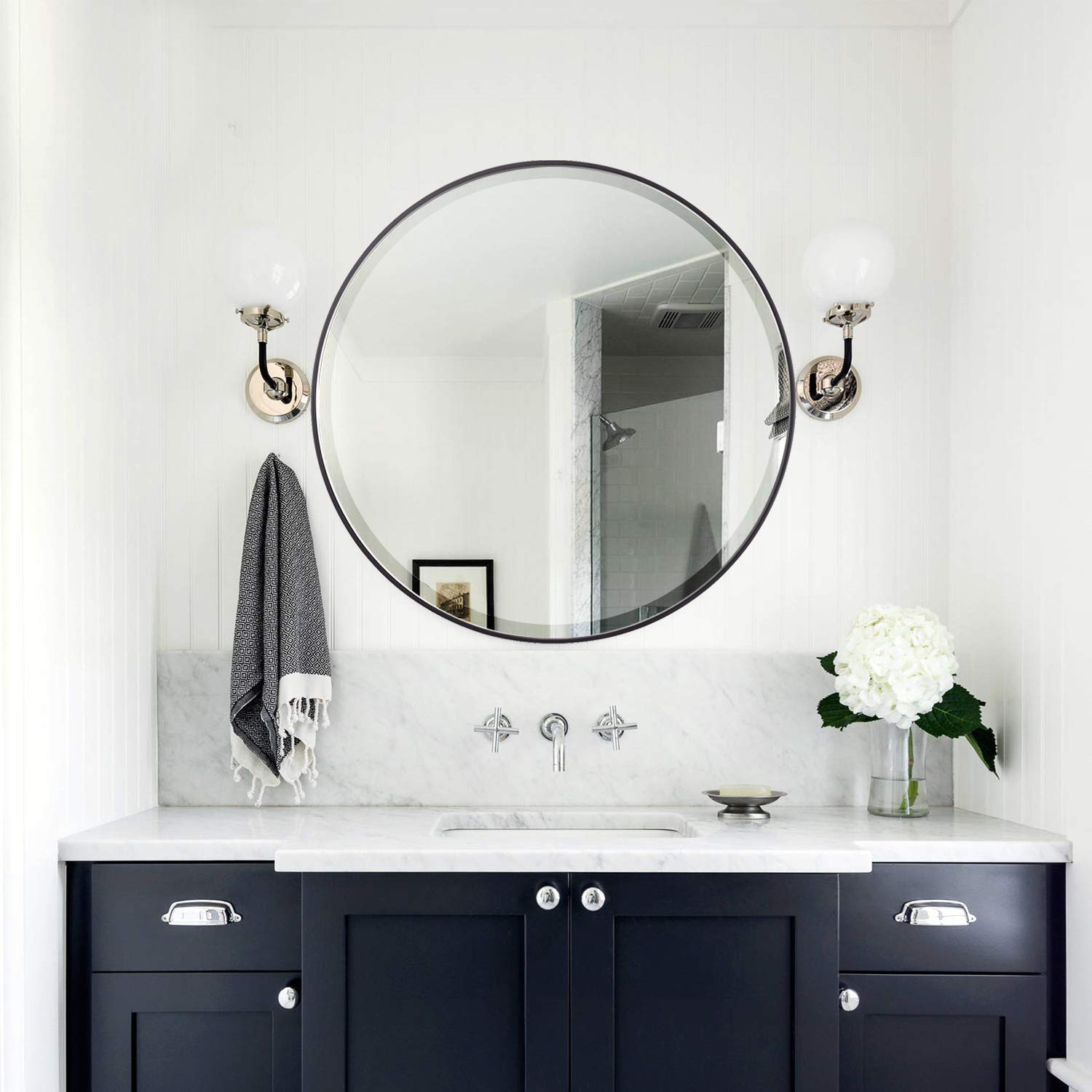 MOTINI 28.5'' Large Round Wall Mirror Black Modern & Contemporary Beveled Circle Mirror PU Frame Wall Mounted Decorative Mirror for Bathroom Bedroom Living Room Entryway