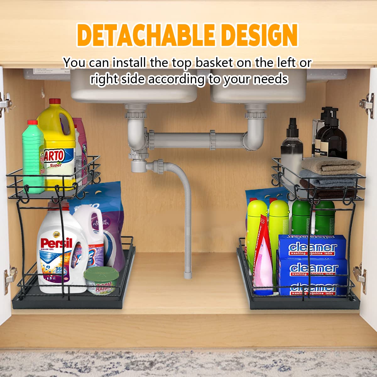 Pull Out Cabinet Organizer 2 Tier Under Sink Slide Out Kitchen Cabinet Storage Shelf Metal Sliding Storage Basket Drawer for Kitchen Bathroom Pantry Cabinet, Request at Least 11 inch Cabinet Opening