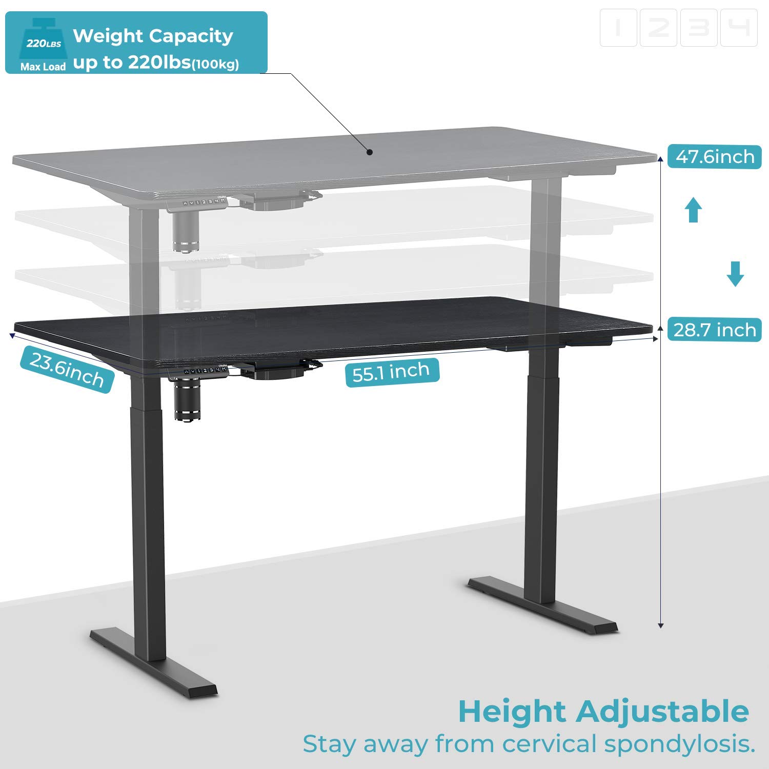 Ohuhu Adjustable Height Electric Standing Desk, 55x24 Inch Extra Large Stand Up Desk with 4 Settable Memory Heights Modern Ergonomic Home Office Desks Computer Table for Work Study