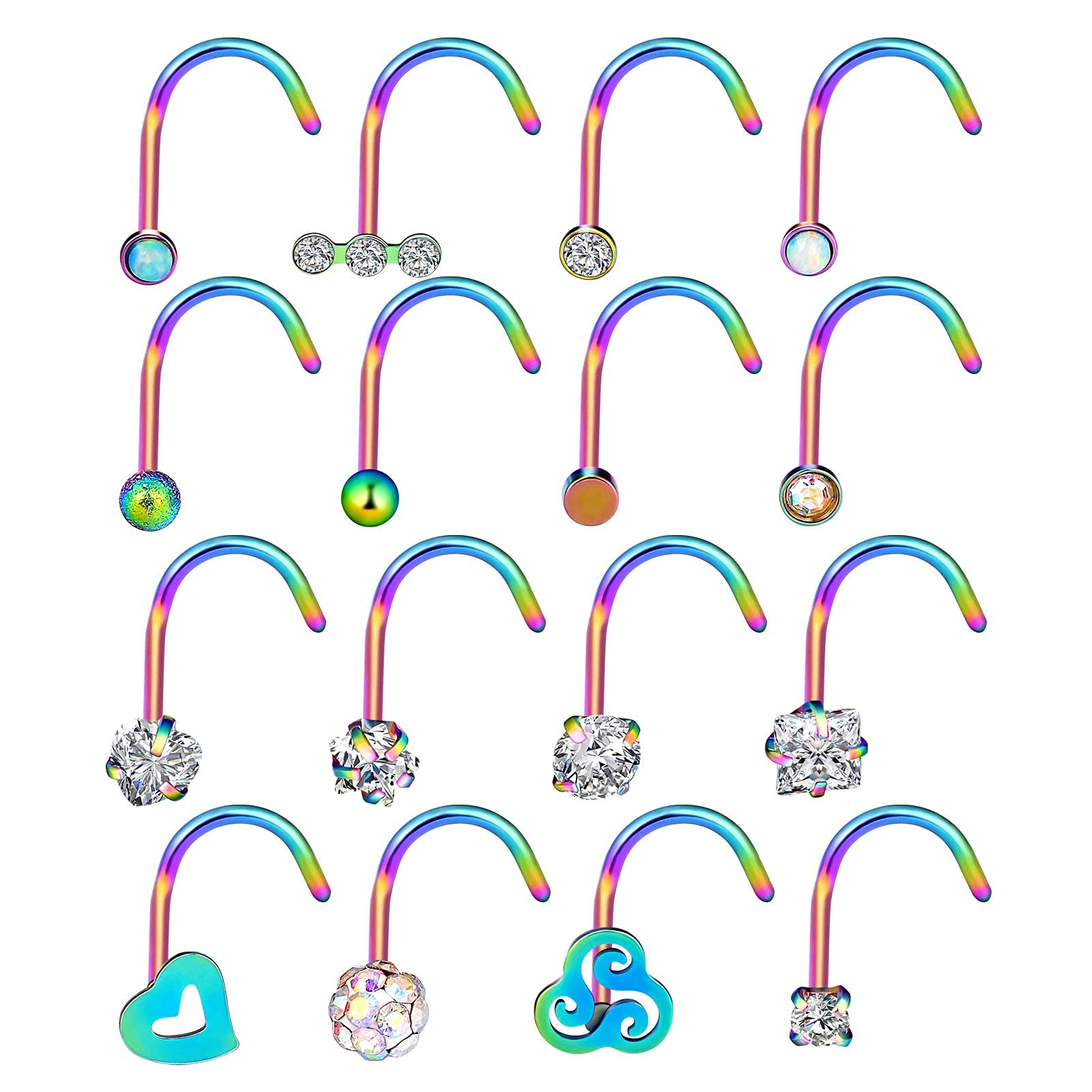 Oyaface 20g(0.8mm) 16PCS Stainless Steel Stud Nose Ring Screw Body Piercings for Women Men (Screw - Rainbow)