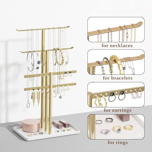 pickpiff Jewelry Stand Holder Organizer: 14.5" Sturdy Jewelry Hanger for Necklace, Earring, Bracelet, Gold and White