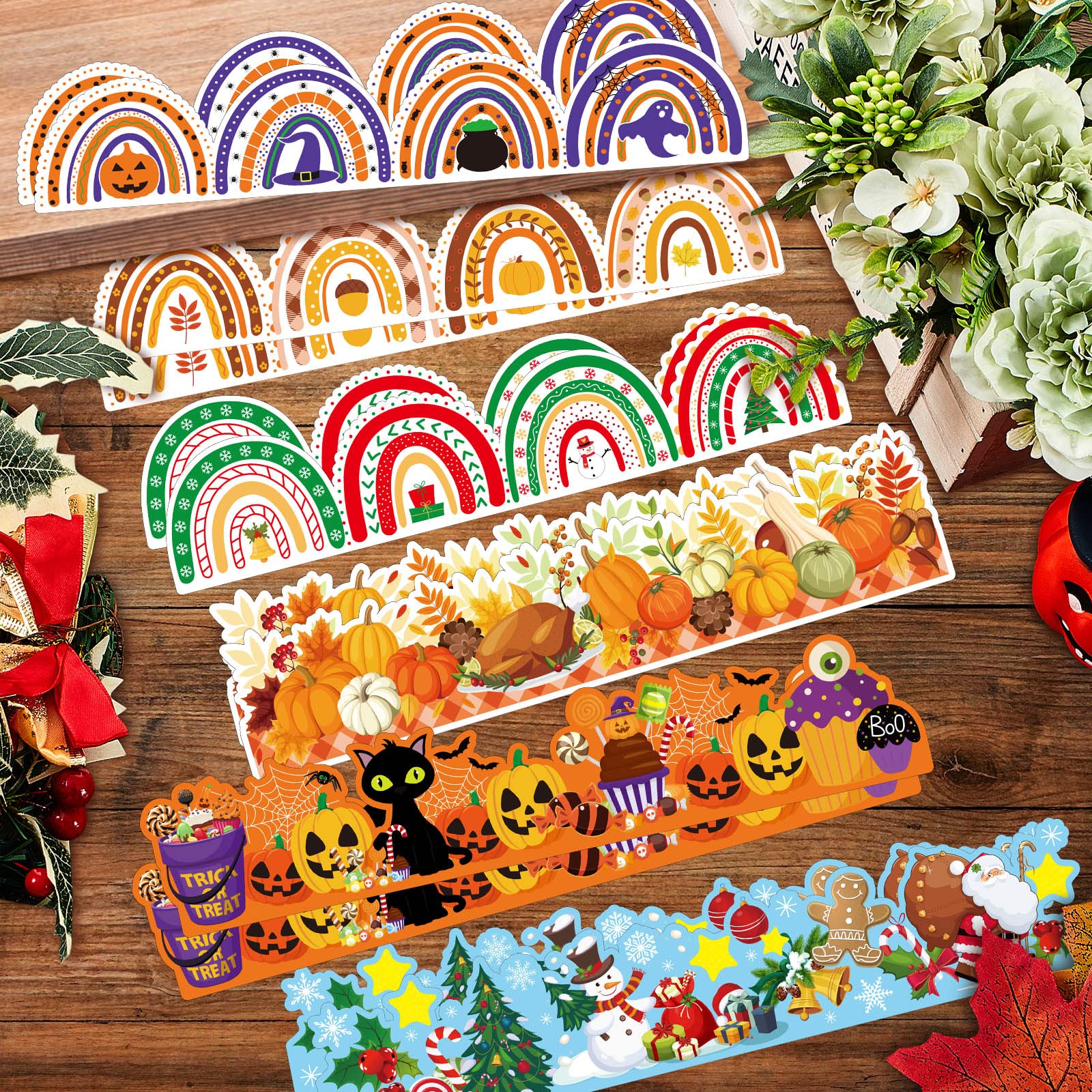 Nezyo 72 Pieces Christmas Bulletin Board Borders Thanksgiving Fall Bulletin Board Trim Halloween Winter Trim Rainbow Blackboard Border Sticker School Decoration Borders, 6 Styles (Cute Style)