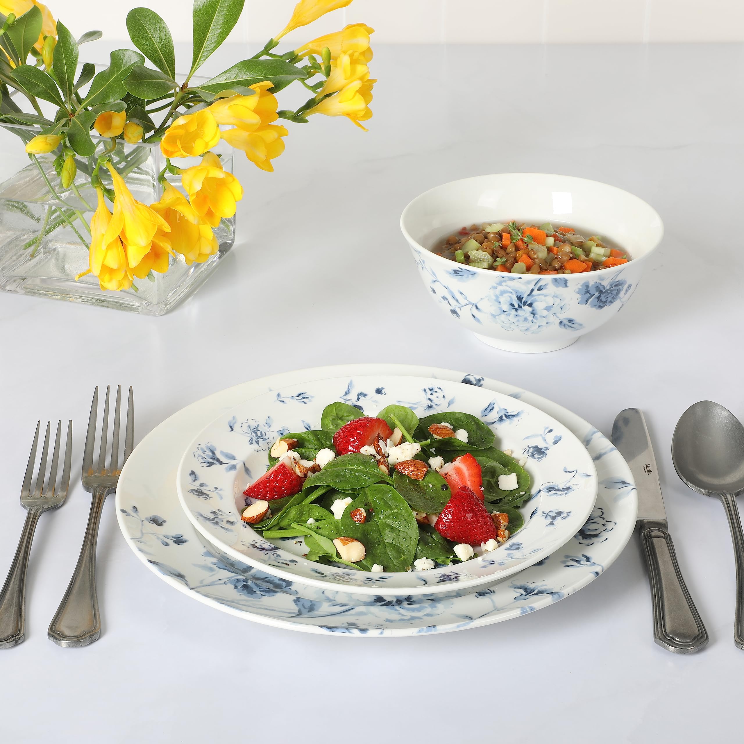 Martha Stewart Empress Bouquet Decorated Porcelain Dinnerware Plates and Bowls Set - Blue Floral, Service for 4 (12pcs)