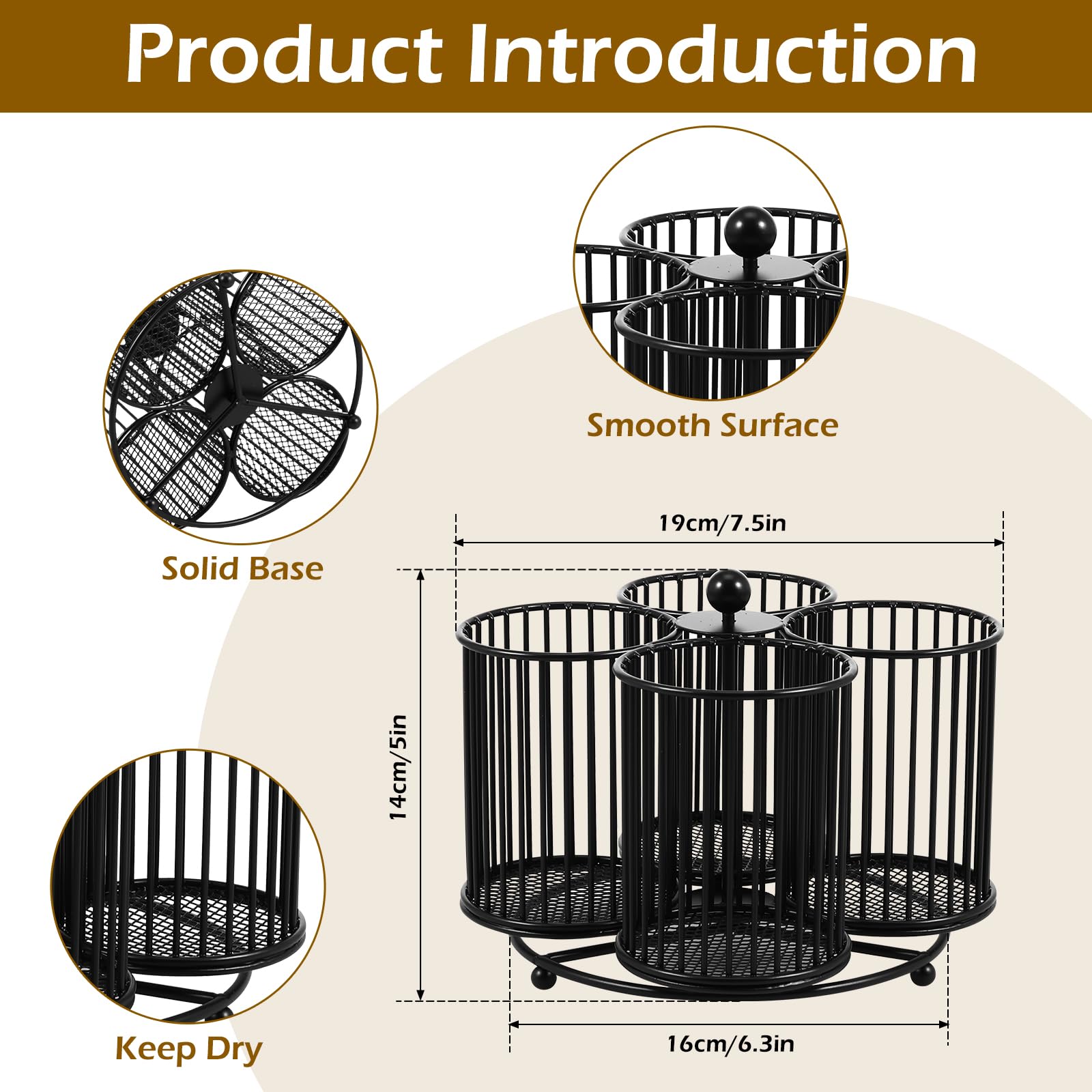 Metal Utensil Caddy 360 Degree Rotating Cutlery Holder 4 Compartment Flatware Storage Basket Portable Multipurpose Countertop Silverware Organizer for Kitchen Picnic Camping Outdoor(16*16*14cm,black)