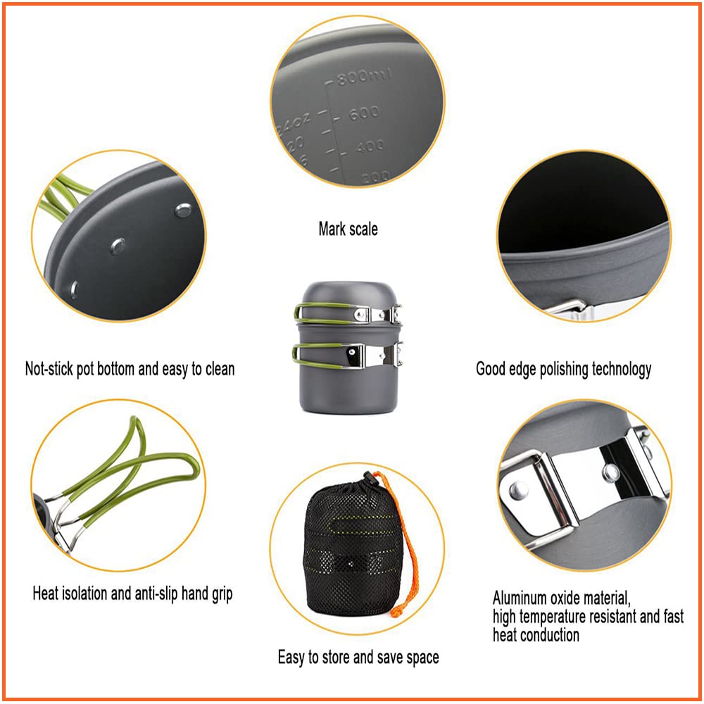 Tempsnow 12PCS Camping Cookware Mess Kit for 1-3 Person,Aluminum Compact Camping Pots and Pans Set with Mesh Carry Bag for Hiking Cooking and Picnic