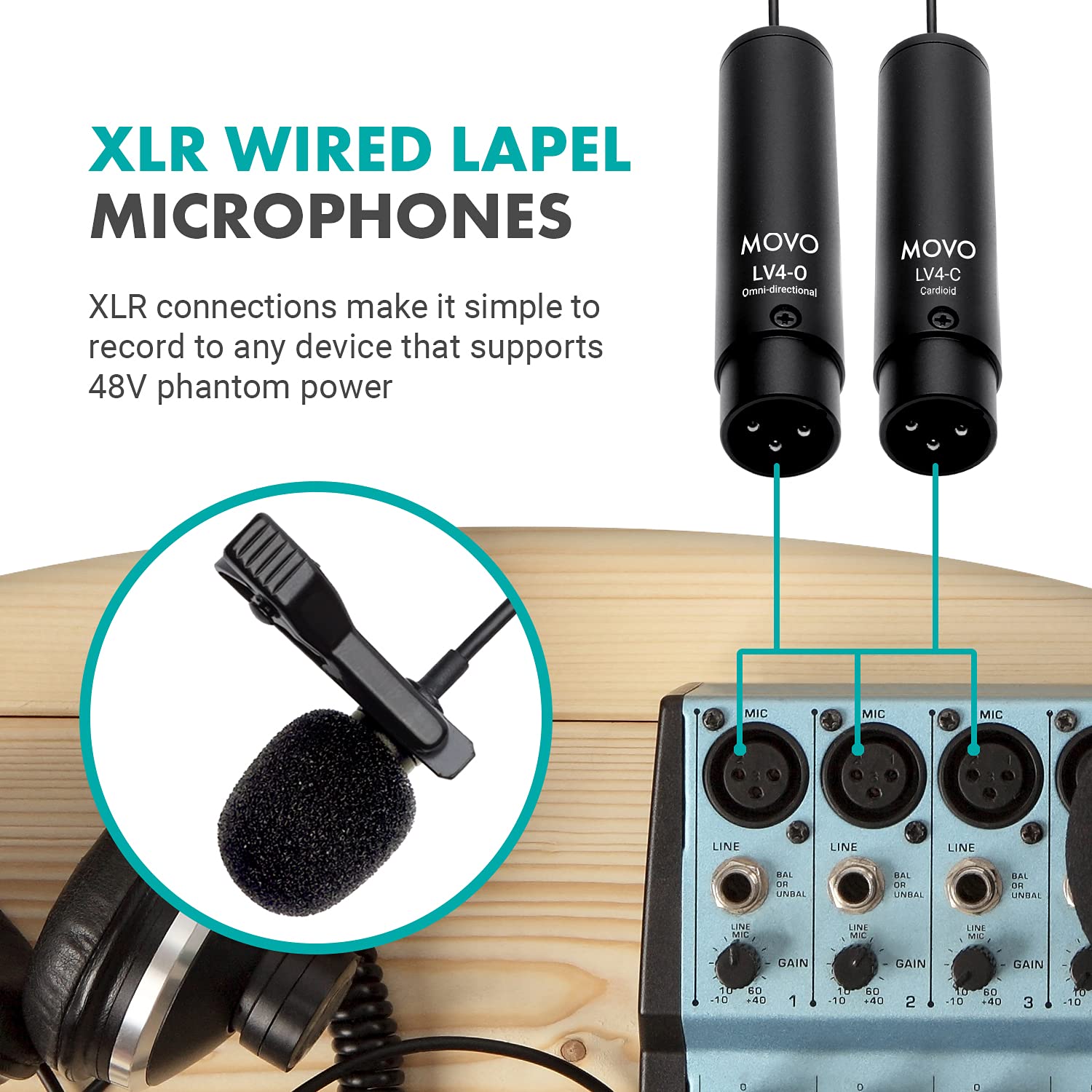 Movo LV4 Phantom Power XLR Lavalier Microphone Interview Kit with Omnidirectional and Cardioid XLR Lapel Mics, Metal Clips and Windscreens - Perfect for Video Shoots, Podcasting, YouTube Recording