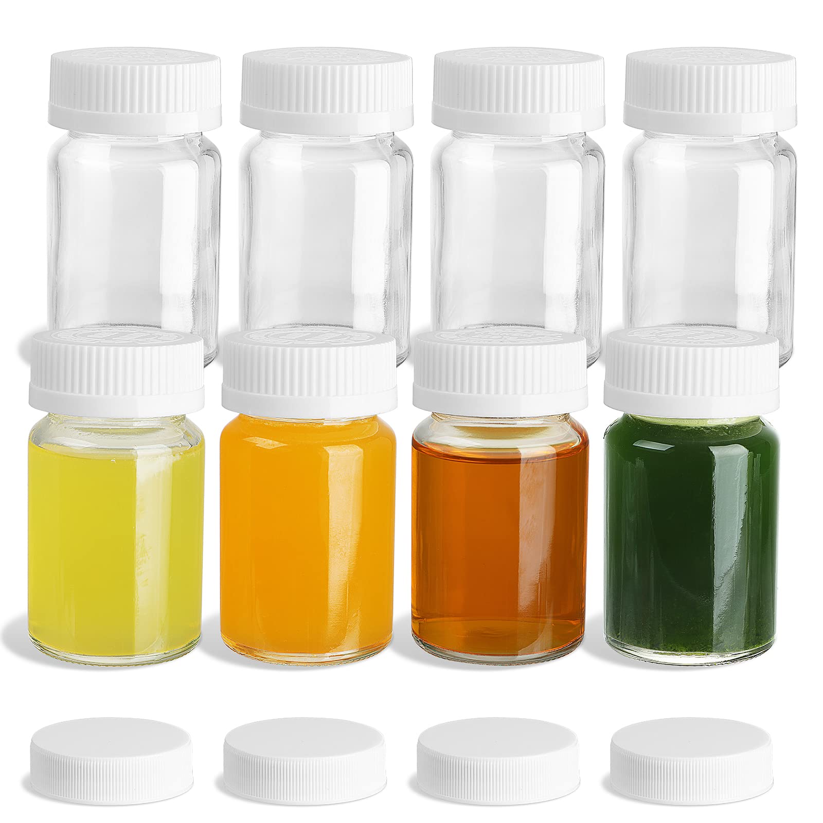 Syntic 8 Pack 2.5 Oz Wide Mouth Juice Shot Bottles with 8 Sealed Press Screw Caps & 4 Airtight Lids! Small Glass Ginger Shot Bottles for Oil, Ginger, Travel Bottle, Reusable and Dishwasher Safe
