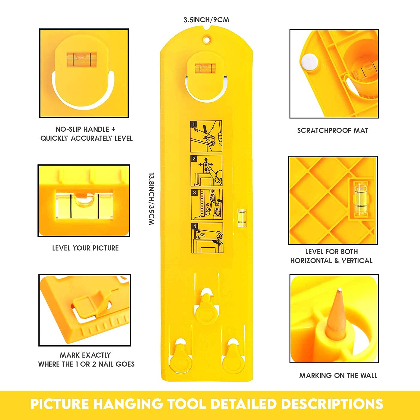 Picture Hanging Tool Kit - Includes Stainless Steel Picture Hanging Hooks 211 Pcs, Level Tool, Picture Frame Hanger, Heavy Duty Photo Hanger Accessories with Hanging Kit, Wire and Nails, Gift for Dad