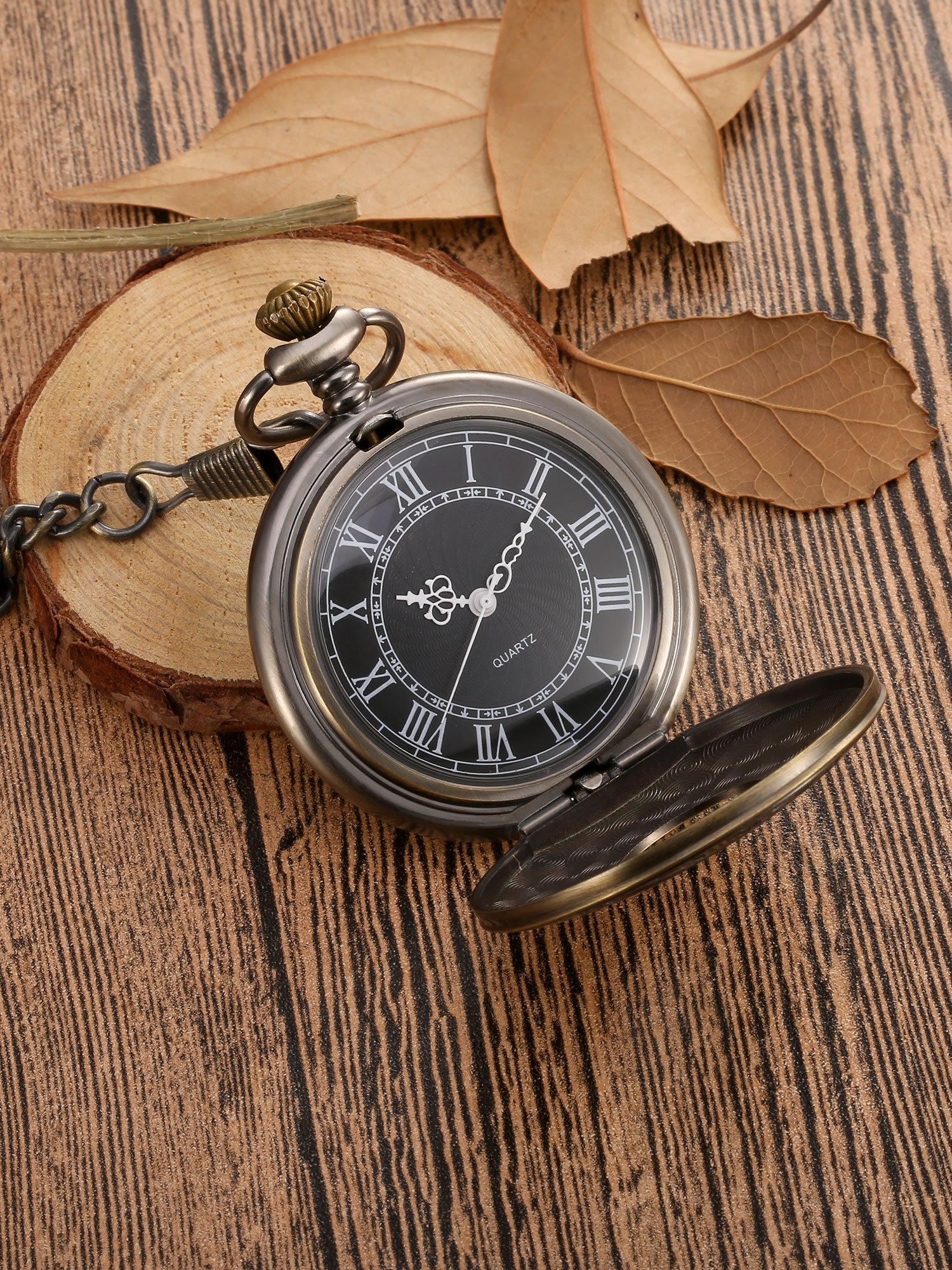 Mudder Vintage Roman Numerals Scale Quartz Pocket Watch with Chain (Gold)