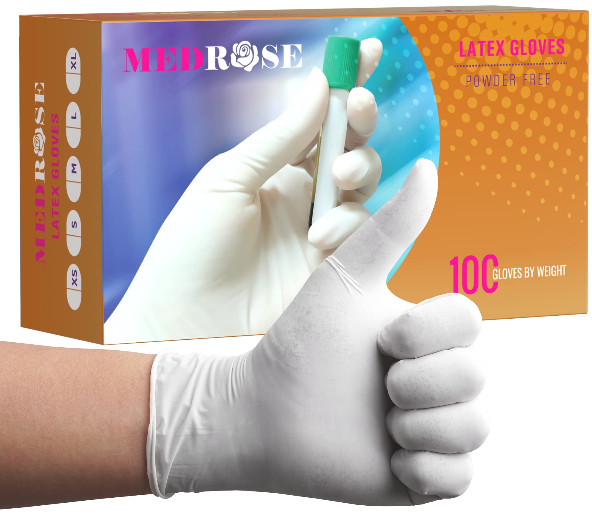 MedRose Large Latex Gloves - 100 Count Rubber Gloves - Disposable Gloves Powder Free, Waterproof, White